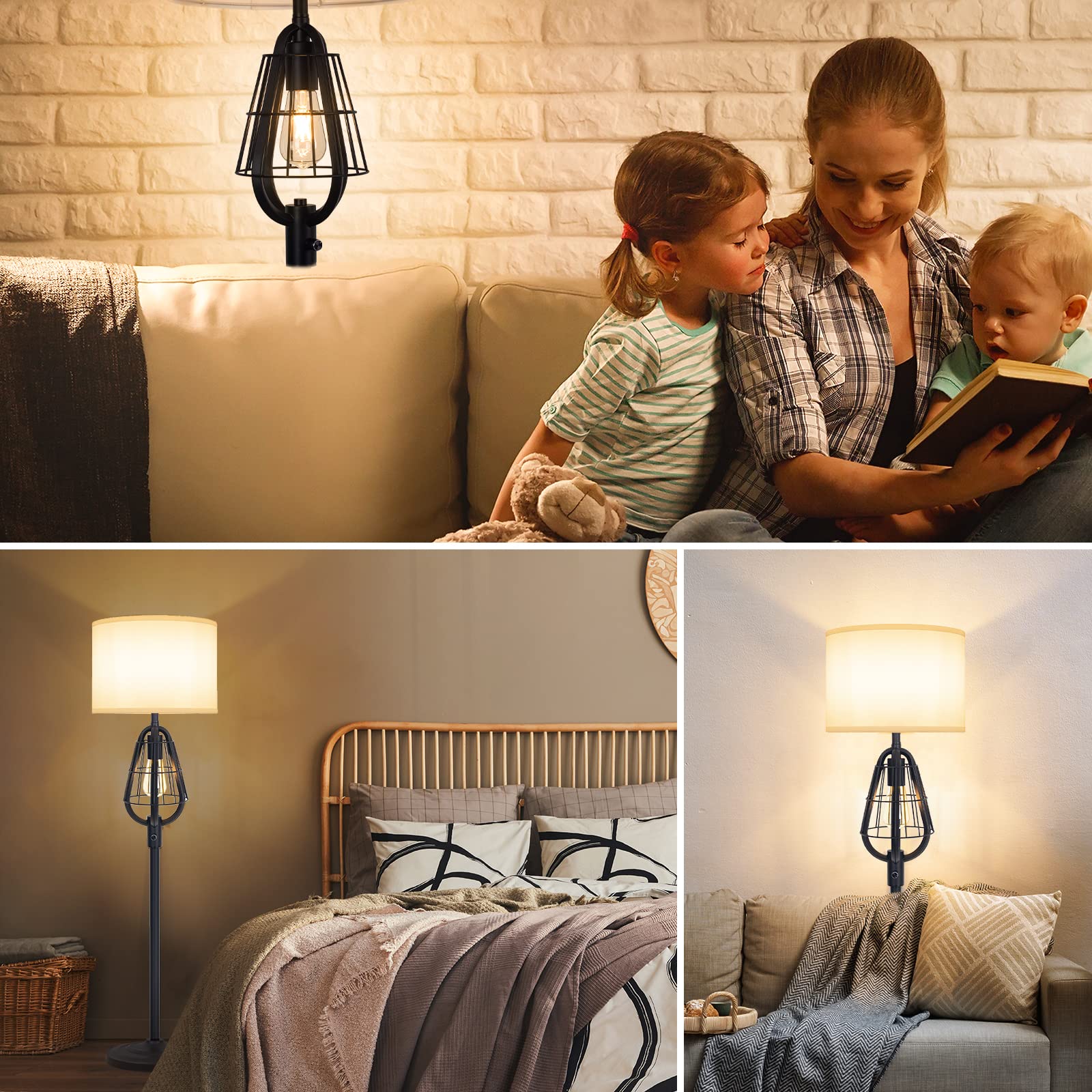 Farmhouse Floor Lamp with Night Light - Modern Standing Lamp for Living Room, 2-Light Industrial Tall Lamp with White Drum Shade, Black Pole Light & Stand up Lamp for Bedroom Office,Home, Reading