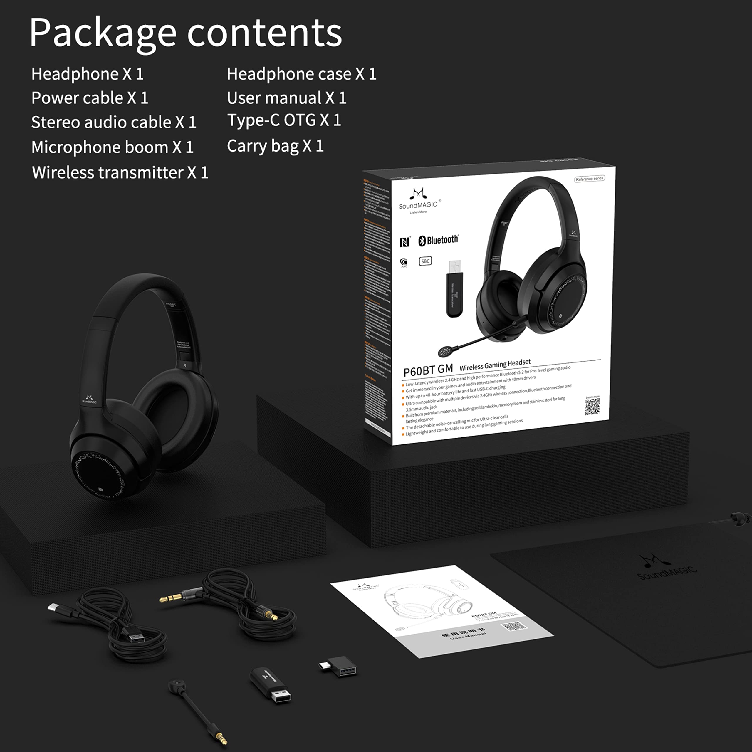 SoundMAGIC P60BT GM Performance Wireless Gaming Headset - Surround Sound 2.4GHz USB/Bluetooth Headphones 50 Hours Lasting Lower Latency Compatibility for PC Mobile PS4 PS5 Xbox Consoles