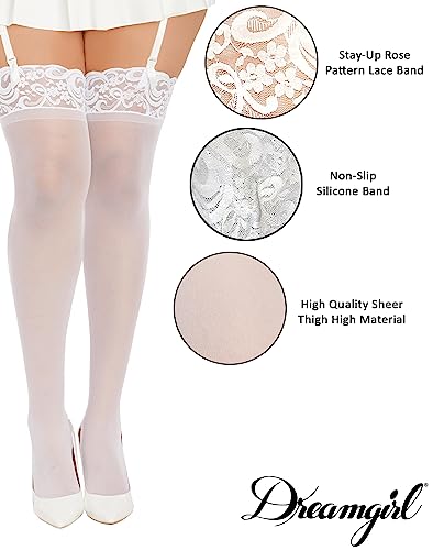 Dreamgirl Women's Plus-Size Lace Top Sheer Thigh-High Stockings, White, Queen/Small
