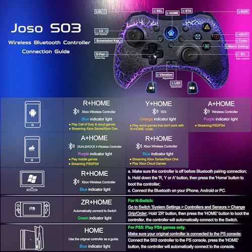 Joso Wireless Controller, Phone Controller for Gaming RGB Light, Game Controller for Switch/PC/iPad/Tablet/Android/iPhone Game Controller with Phone Clip, Custom Buttons, Macro, Turbo, Dual Vibration