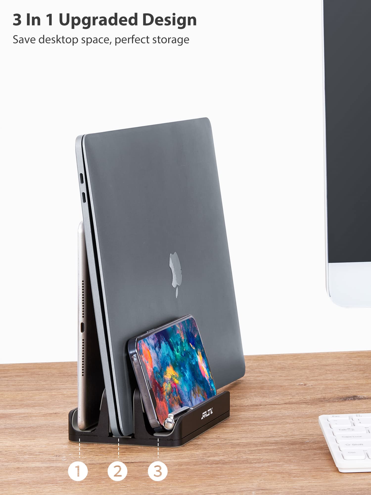 JARLINK Vertical Laptop Stand Holder, Upgraded 1 in 2 Aluminum Laptop Stand for Desk with Adjustable Dock Size (up to 17.3 inches), Fits All MacBook/Surface/Gaming Laptops, Black