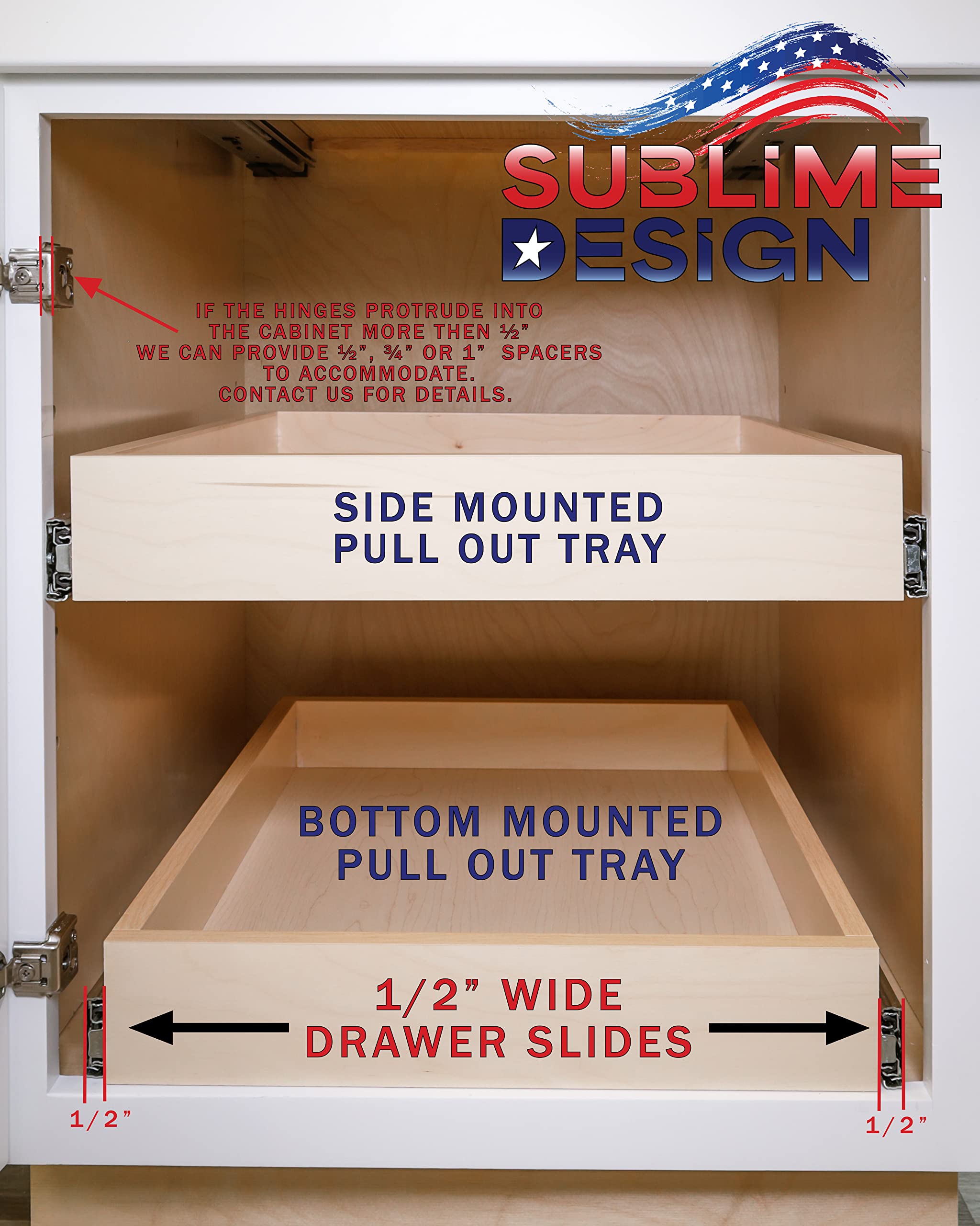 Sublime Design | Pull Out Tray | Bottom Mount | Baltic Birch Kitchen Cabinet Drawer | Slide Out Shelves | Roll Out Cabinet Organizer (20" Wide)