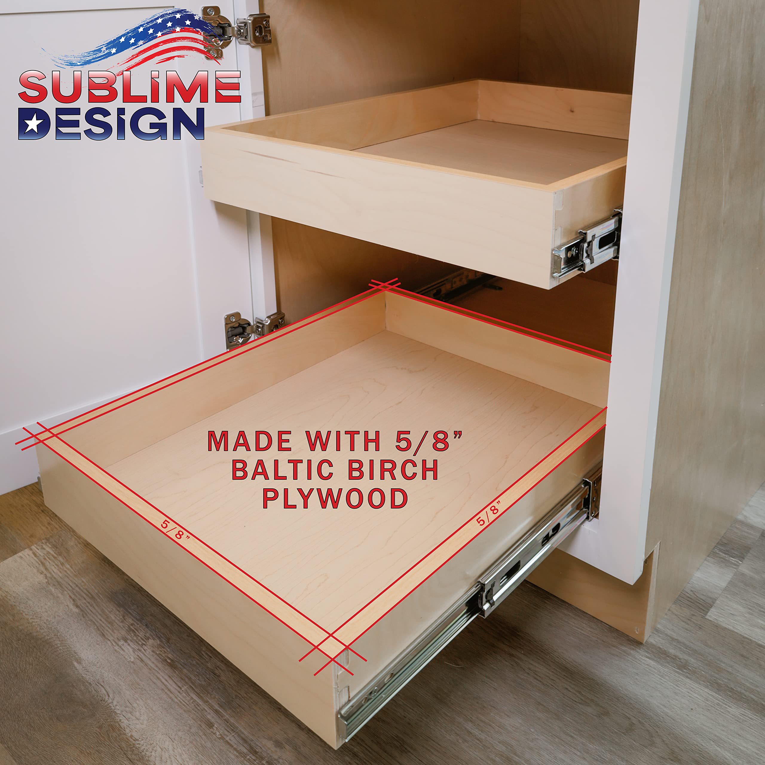Sublime Design | Pull Out Tray | Bottom Mount | Baltic Birch Kitchen Cabinet Drawer | Slide Out Shelves | Roll Out Cabinet Organizer (20" Wide)