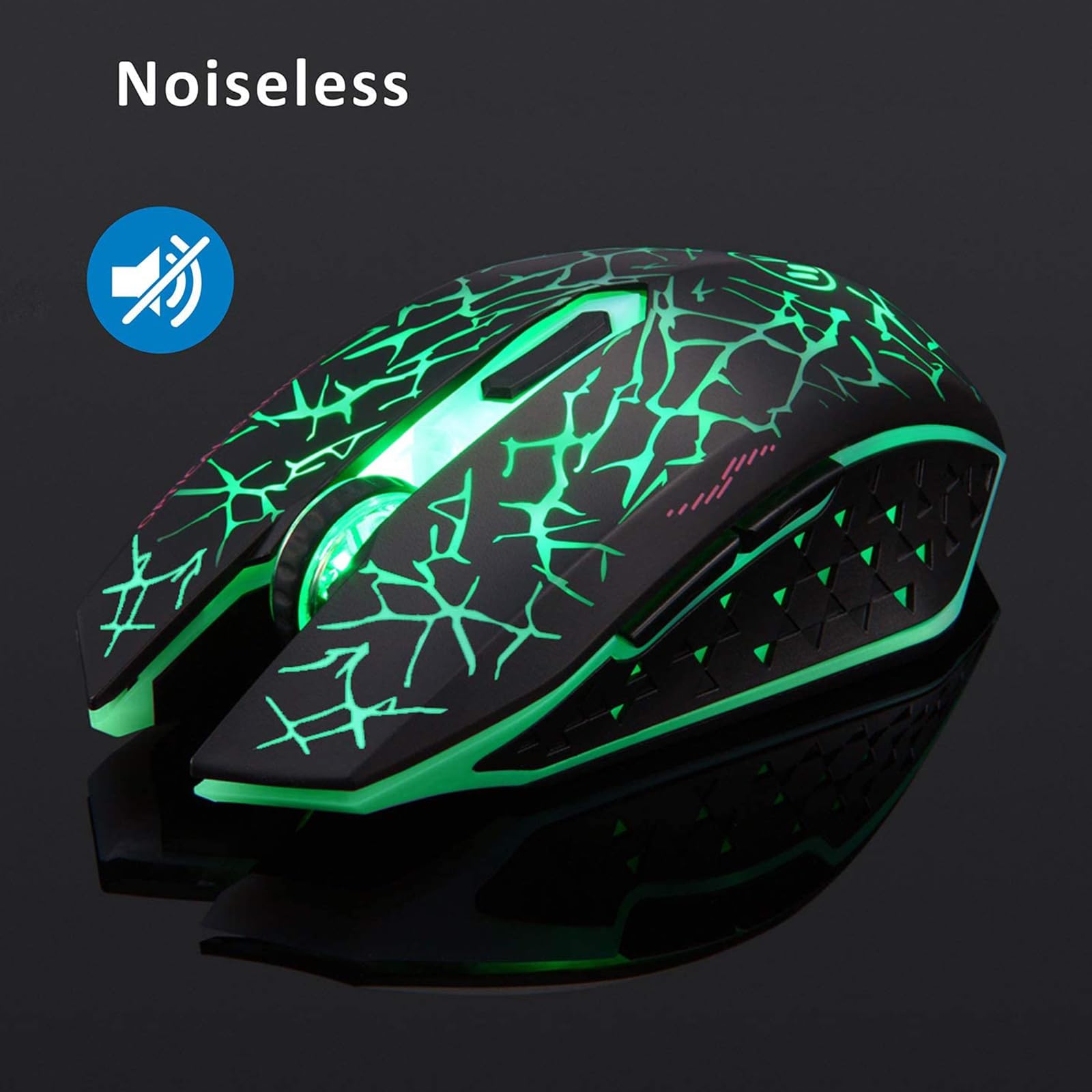 TENMOS K6 Wireless Gaming Mouse, Rechargeable Silent LED Optical Computer Mice with USB Receiver, 3 Adjustable DPI level and 6 Buttons, Auto Sleeping Compatible Laptop/PC/Notebook (green light)
