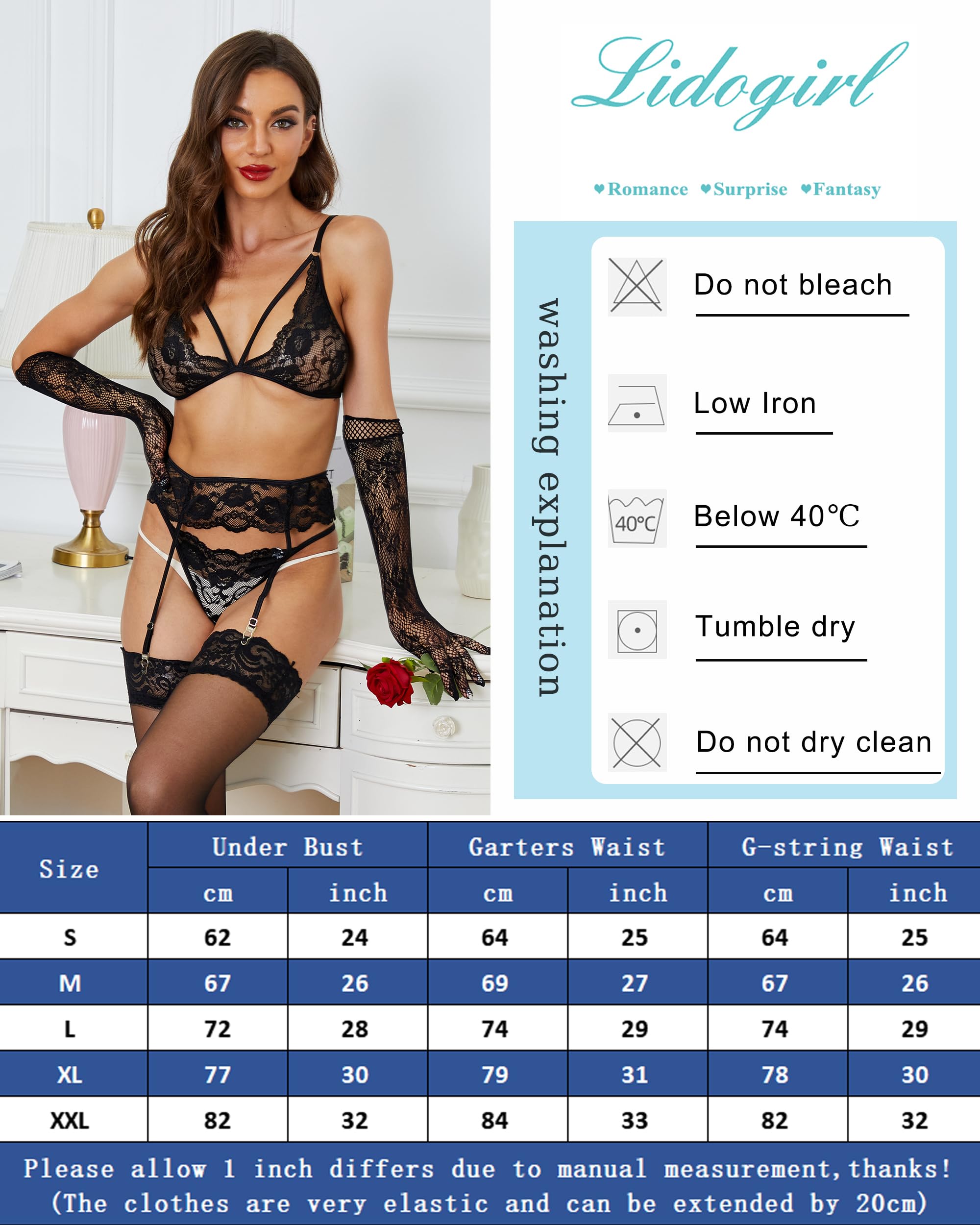 Women Lingerie with Stockings and Gloves,Garter Belt Lingerie Set Black M
