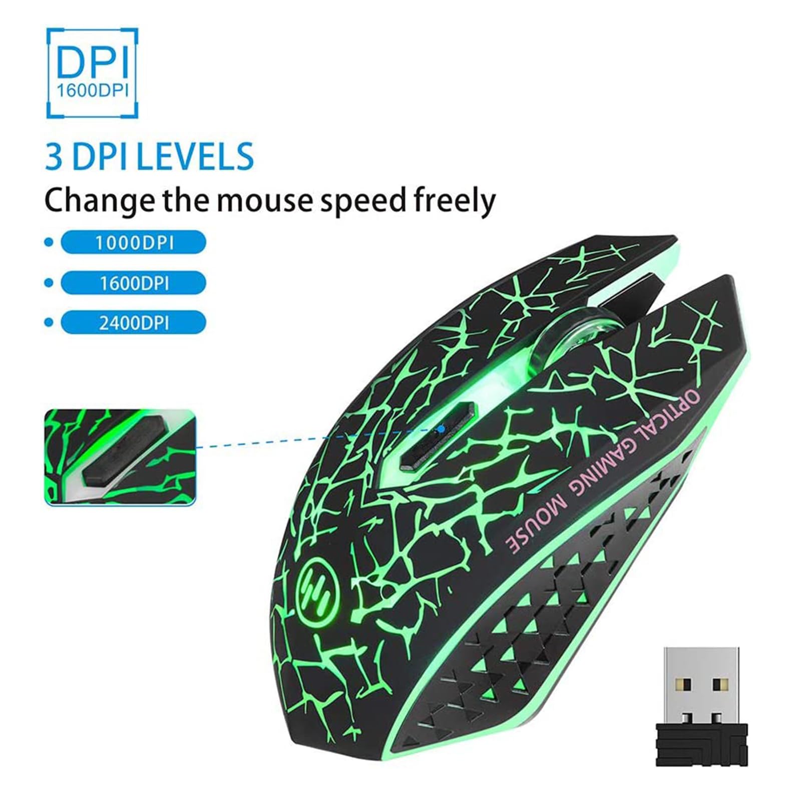 TENMOS K6 Wireless Gaming Mouse, Rechargeable Silent LED Optical Computer Mice with USB Receiver, 3 Adjustable DPI level and 6 Buttons, Auto Sleeping Compatible Laptop/PC/Notebook (green light)