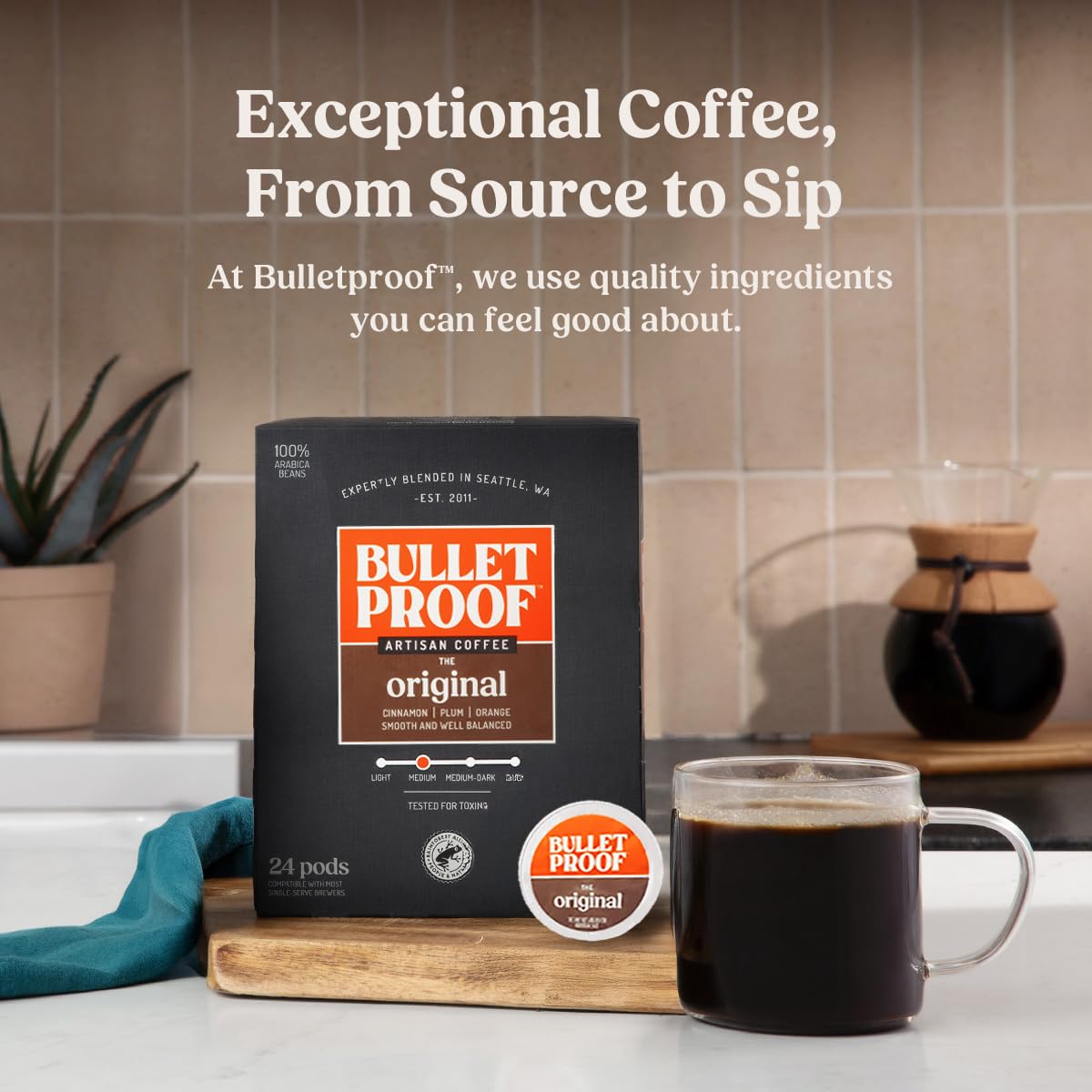 The Original Single-Serve Pods, Medium Roast, 24 Count, Bulletproof Keto, 100% Arabica Coffee, Certified Clean Coffee, Rainforest Alliance, Sourced from Guatemala, Colombia & El Salvador