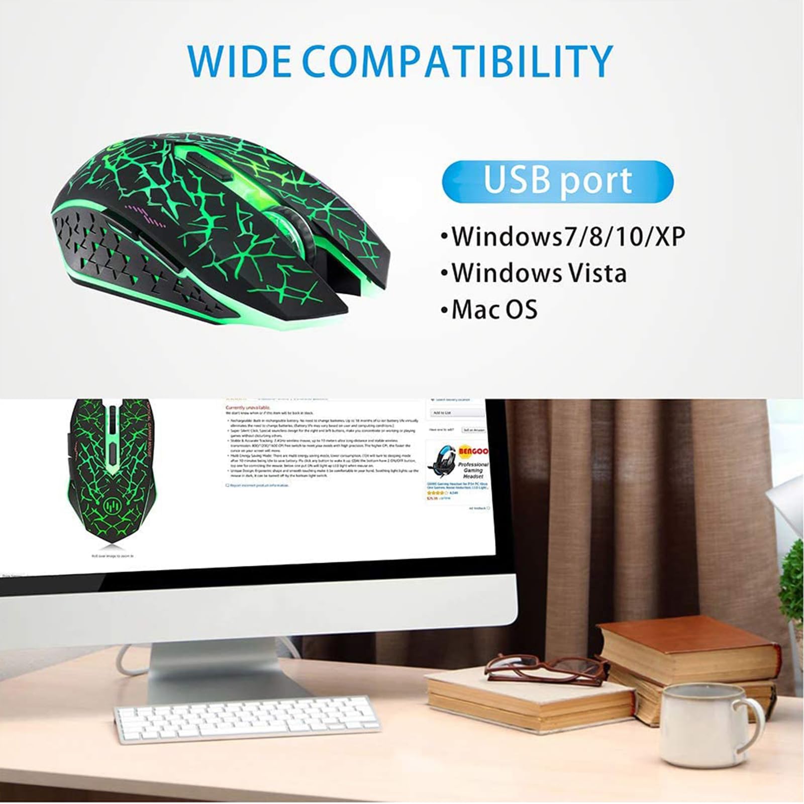 TENMOS K6 Wireless Gaming Mouse, Rechargeable Silent LED Optical Computer Mice with USB Receiver, 3 Adjustable DPI level and 6 Buttons, Auto Sleeping Compatible Laptop/PC/Notebook (green light)