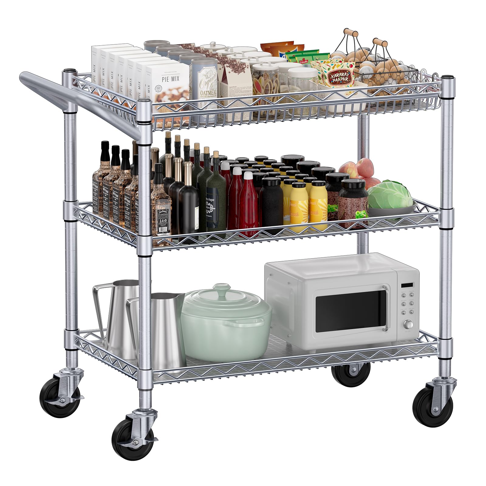 WDT Heavy Duty 3 Tier Rolling Utility Cart, Kitchen Metal Utility Carts with Handle Bar, Utility Shelf Plant Display Shelf Food Cart Storage Trolley with Wheels, Silver