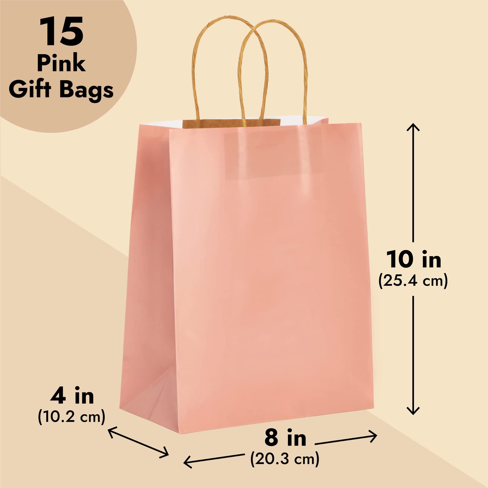 Juvale Medium Blush Pink Gift Bags with Handles for Wedding, Bridal Shower (8 x 10 in, 15 Pack)