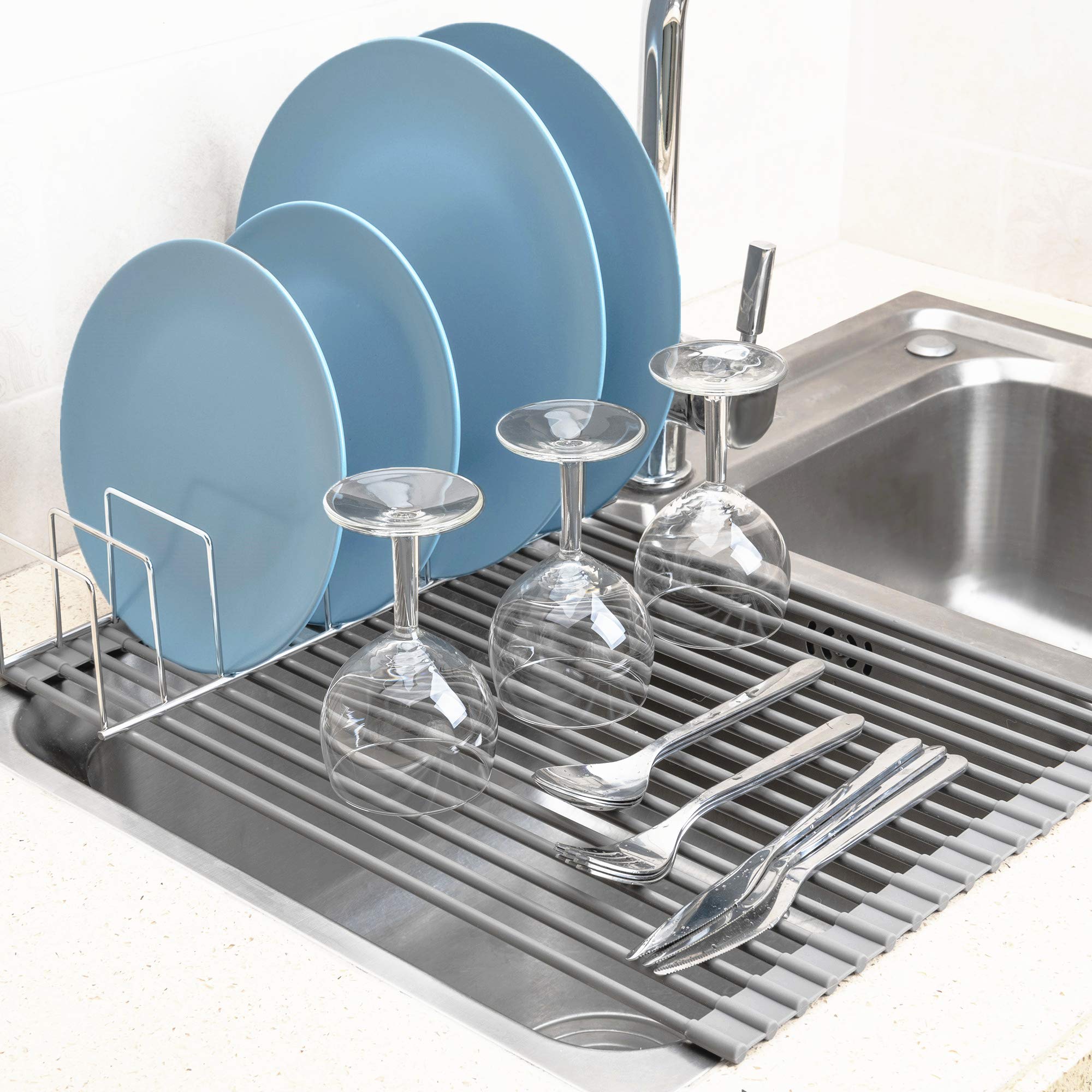 iPEGTOP Roll Up Dish Drying Rack with 304 Stainless Steel Plates Holder Pot Lid Organizer, Over The Sink Kitchen Foldable Multipurpose Dish Drainer Rack for Fruits Vegetable,16.9" x 12.6"