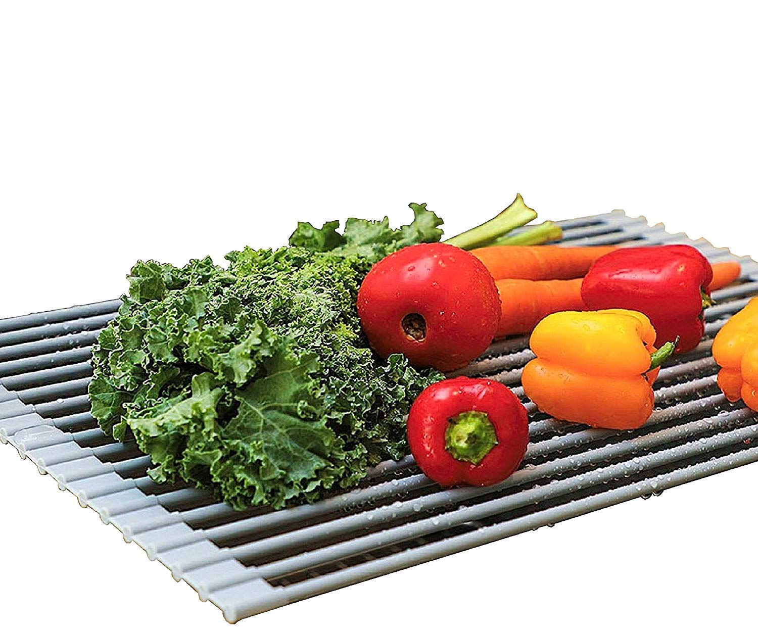 iPEGTOP Roll Up Dish Drying Rack with 304 Stainless Steel Plates Holder Pot Lid Organizer, Over The Sink Kitchen Foldable Multipurpose Dish Drainer Rack for Fruits Vegetable,16.9" x 12.6"