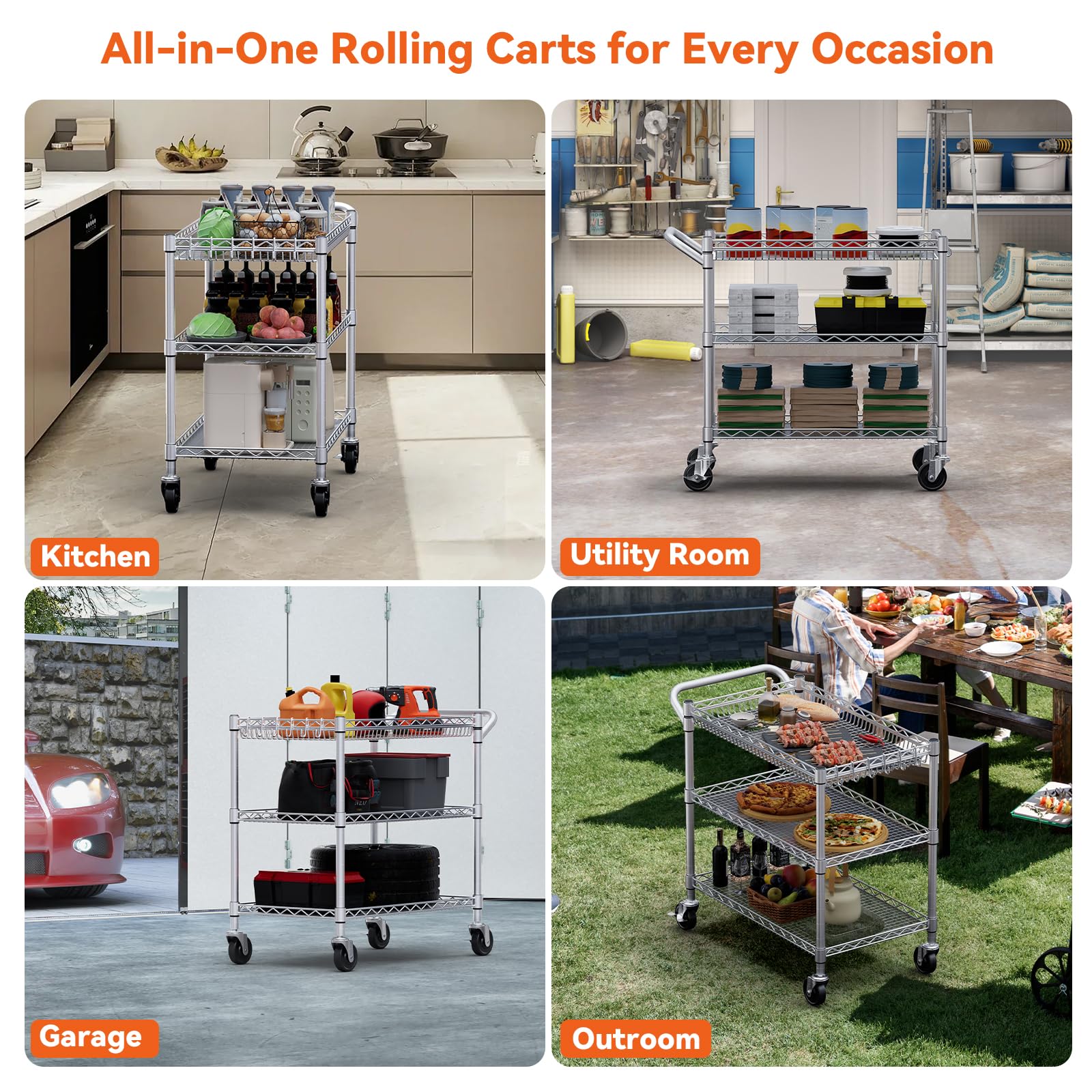 WDT Heavy Duty 3 Tier Rolling Utility Cart, Kitchen Metal Utility Carts with Handle Bar, Utility Shelf Plant Display Shelf Food Cart Storage Trolley with Wheels, Silver