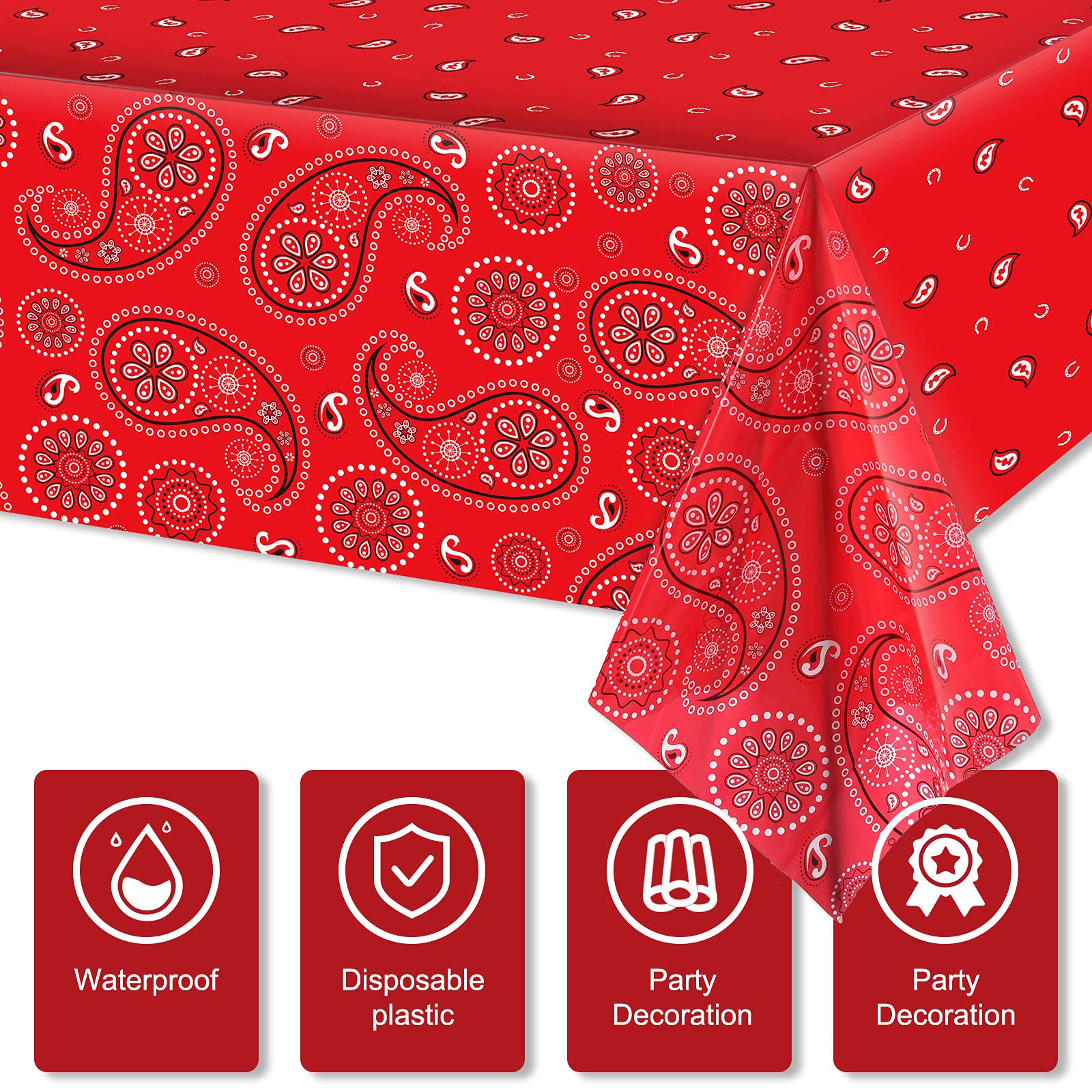 Western Party Tablecloth Paisley Table Cover Bandana Plastic Table Cloth Rectangle Floral Tablecloth for Western Cowboy Themed Party Decorations, 108 X 54 Inches (Red, 1 Pack)