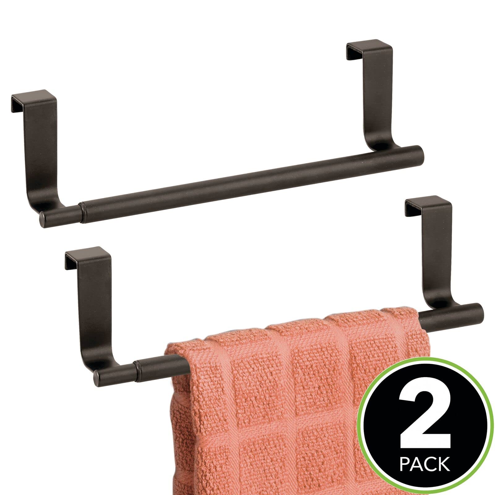 mDesign Adjustable, Expandable Over Kitchen Cabinet Towel Bar Rack - Hang on Inside or Outside of Doors, Hold Hand, Dish, Tea Towels - Customizable to 17" Wide, Omni Collection, 2 Pack - Bronze
