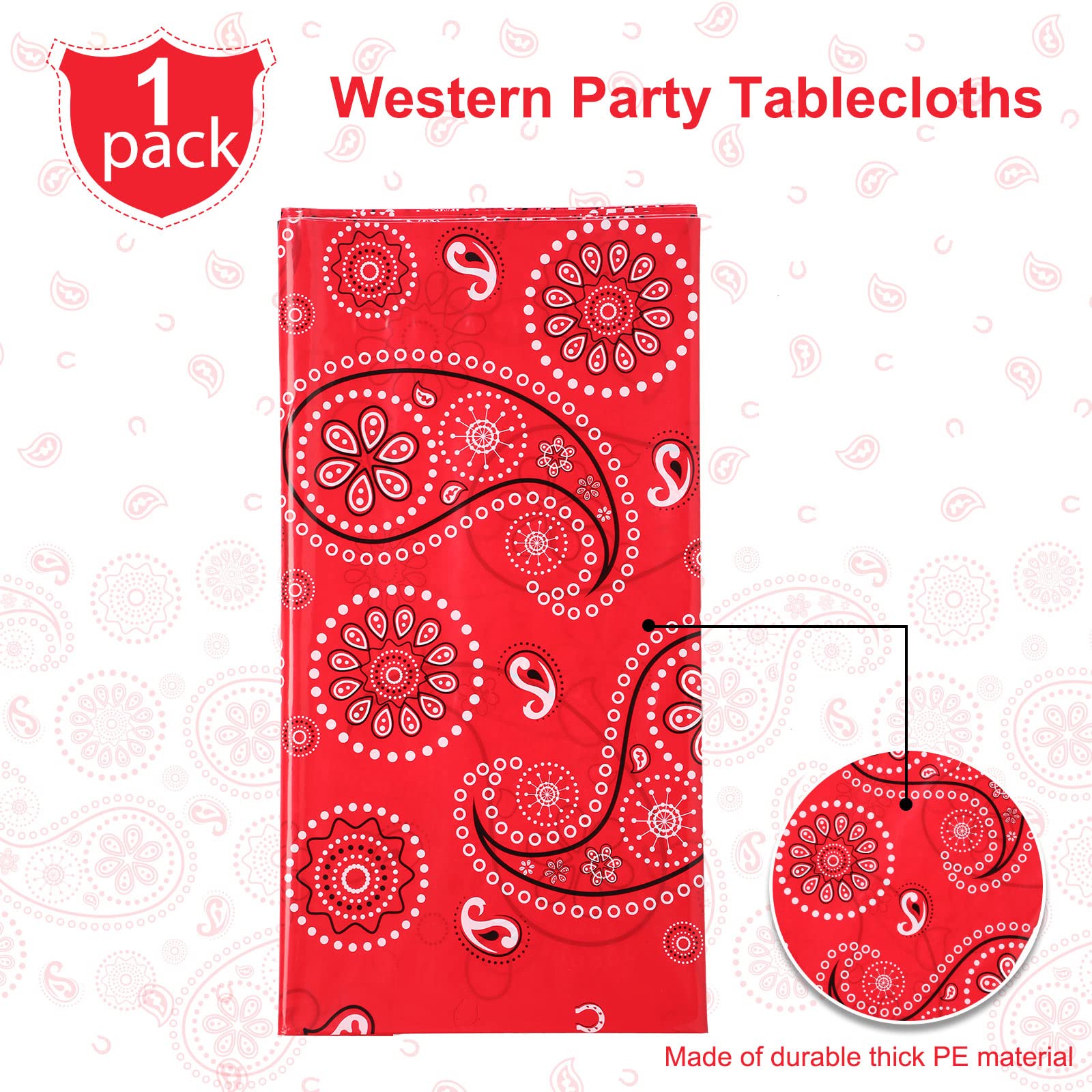 Western Party Tablecloth Paisley Table Cover Bandana Plastic Table Cloth Rectangle Floral Tablecloth for Western Cowboy Themed Party Decorations, 108 X 54 Inches (Red, 1 Pack)