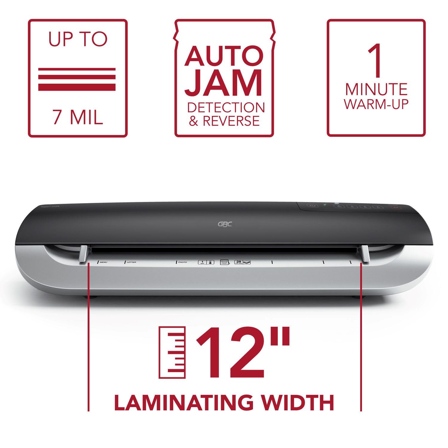GBC Thermal Laminator Machine, Fusion 3100L, 12 Inch, 1 Min Warm-up, 3-7 Mil, with 30 EZUse Laminating Pouches (1703076AF) , Black