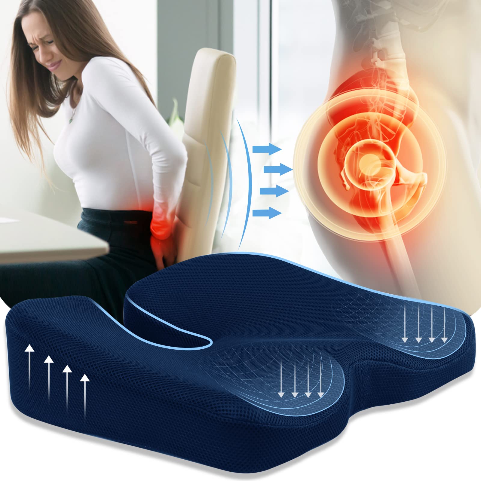 Pressure Relief Seat Cushion for Long Sitting, Office Chair Cushion for Sciatica Pain, Car Seat Cushion for Truck Driver, Memory Foam Butt Pillow for Back, Coccyx & Tailbone Pain Relief Cushion/Pad