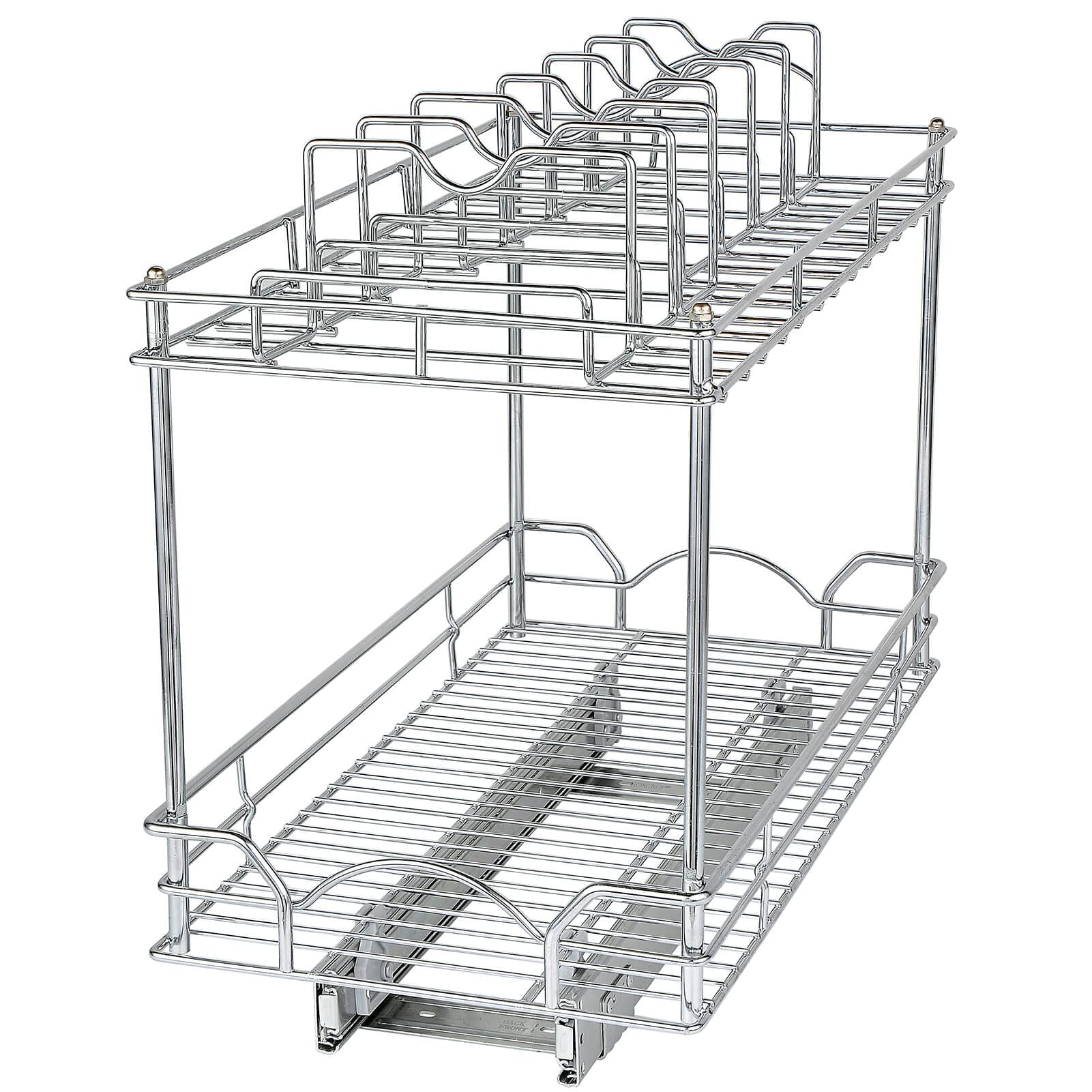 OCG 2 Tier Pull Out Cabinet Organizer for Lid Cookware (11" W x 18" D), Slide Out Kitchen Cabinet Shelves, 2 in 1, Chrome Finish