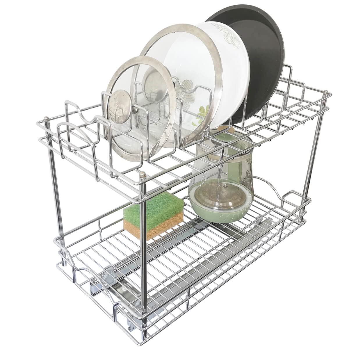 OCG 2 Tier Pull Out Cabinet Organizer for Lid Cookware (11" W x 18" D), Slide Out Kitchen Cabinet Shelves, 2 in 1, Chrome Finish
