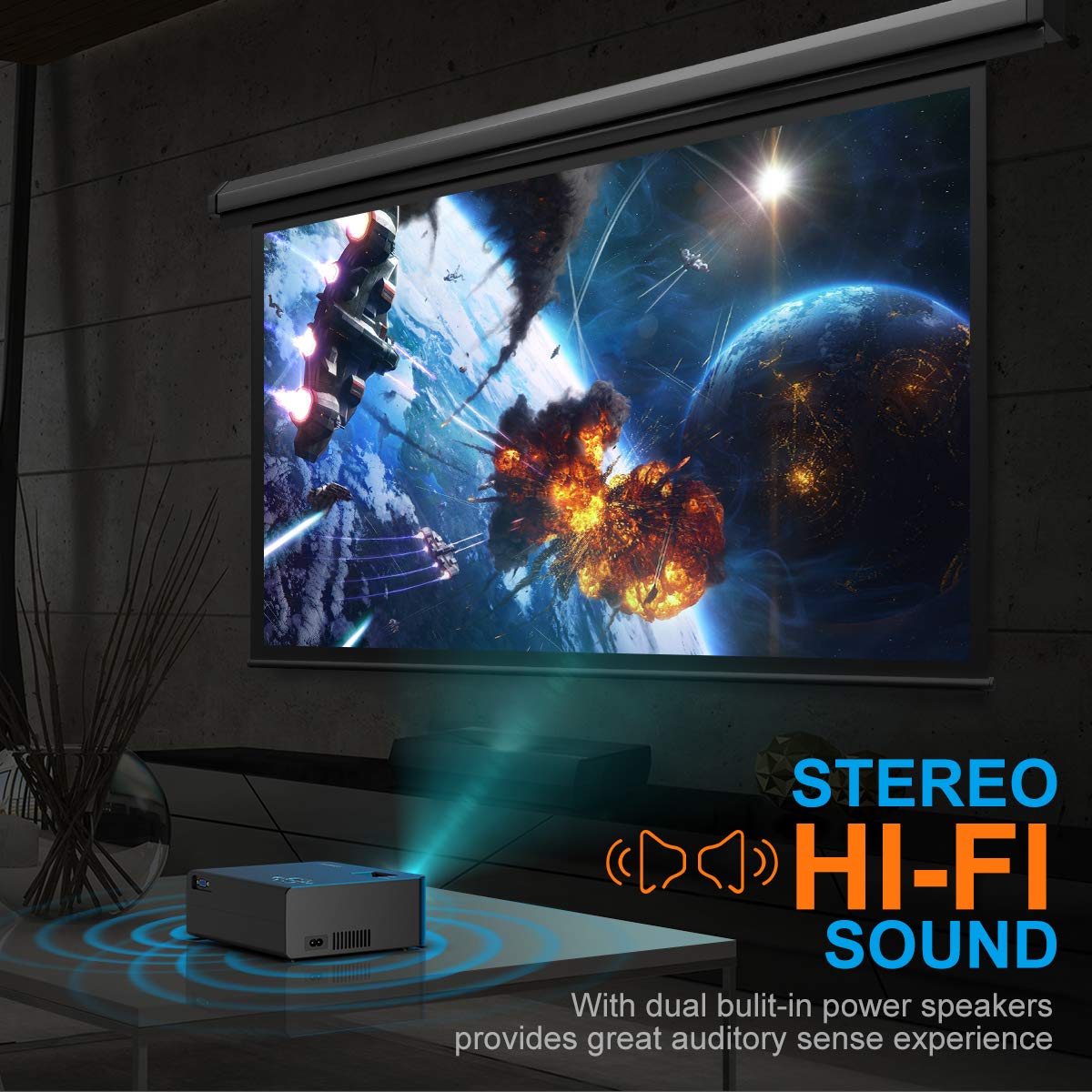 Mini Projector Native 720P Full HD, Portable Video Projector Outdoor Movie Projector, LED Home Theater Projector 1080P and 300" Supported, Compatible with PS4, PC, VGA, TV Stick, HDMI, AV and USB