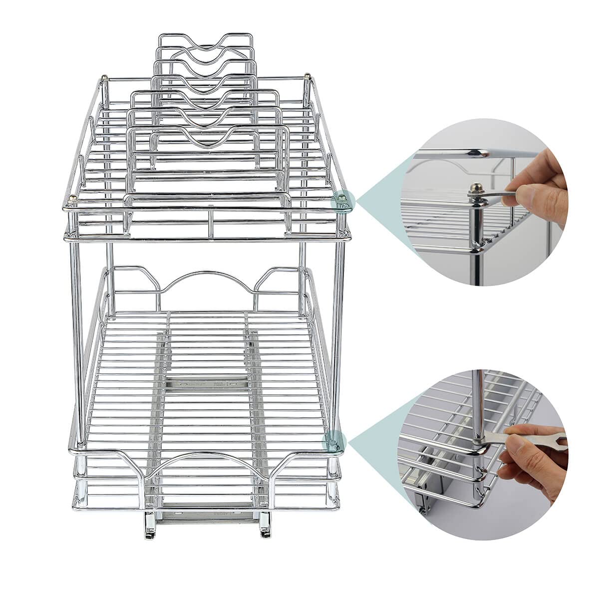 OCG 2 Tier Pull Out Cabinet Organizer for Lid Cookware (11" W x 18" D), Slide Out Kitchen Cabinet Shelves, 2 in 1, Chrome Finish