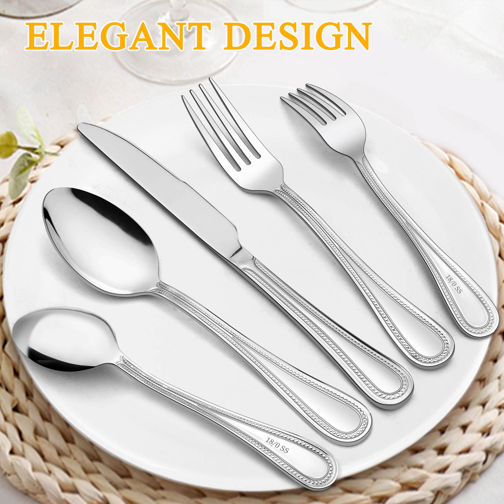 LIANYU Silverware Set for 4, 20-Piece Stainless Steel Flatware Set, Fancy Cutlery Eating Utensils with Pearled Edge, Home Kitchen Restaurant Tableware Include Knives Spoons Forks, Dishwasher Safe