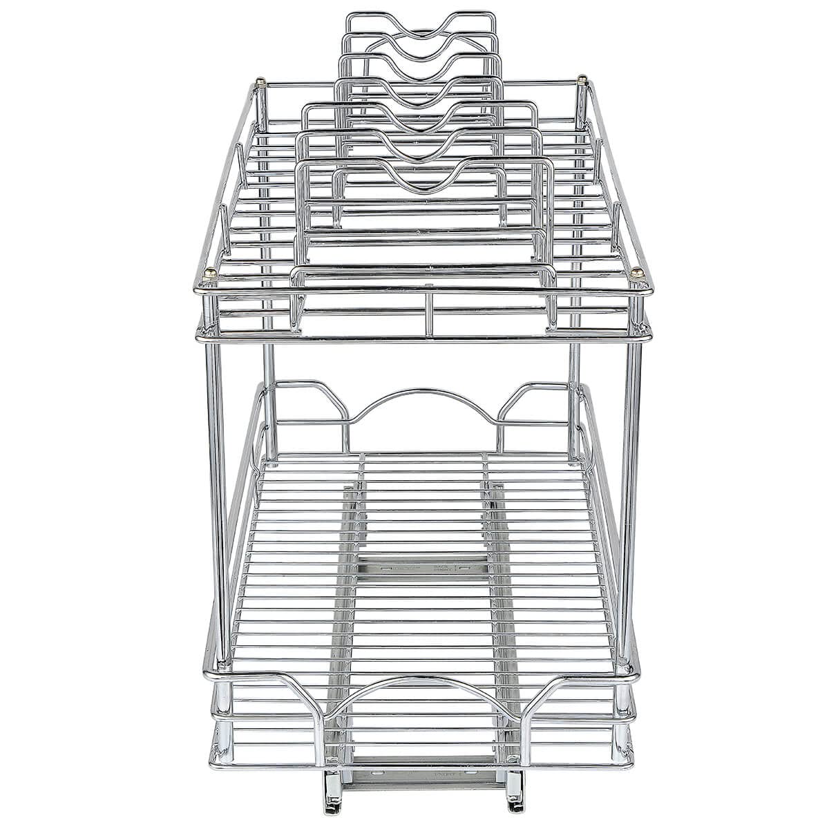 OCG 2 Tier Pull Out Cabinet Organizer for Lid Cookware (11" W x 18" D), Slide Out Kitchen Cabinet Shelves, 2 in 1, Chrome Finish
