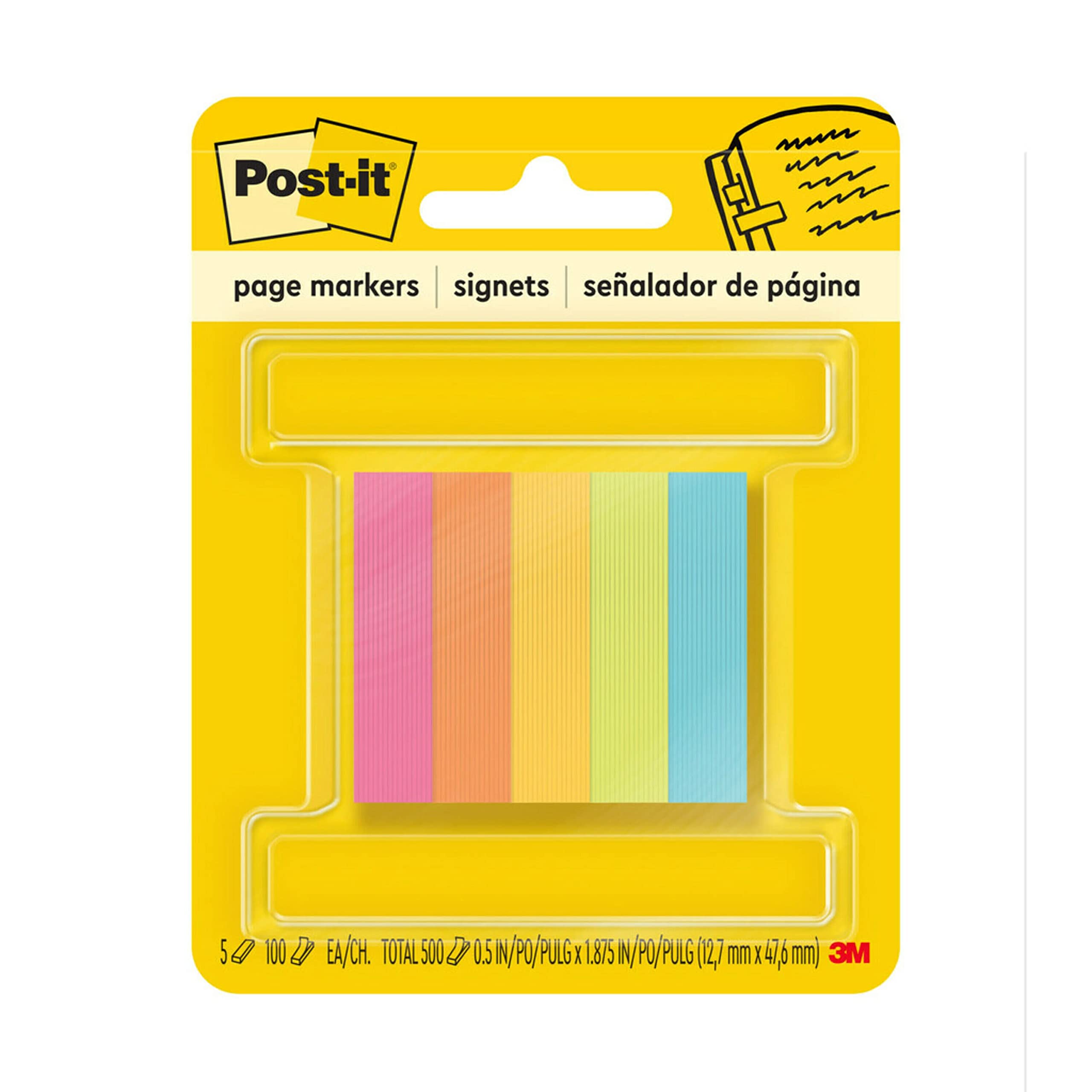 Post-it Page Markers, Assorted Colors, 1/2 in x 2 in, 100 Sheets/Pad, 5 Pads/Pack (670-5AN)