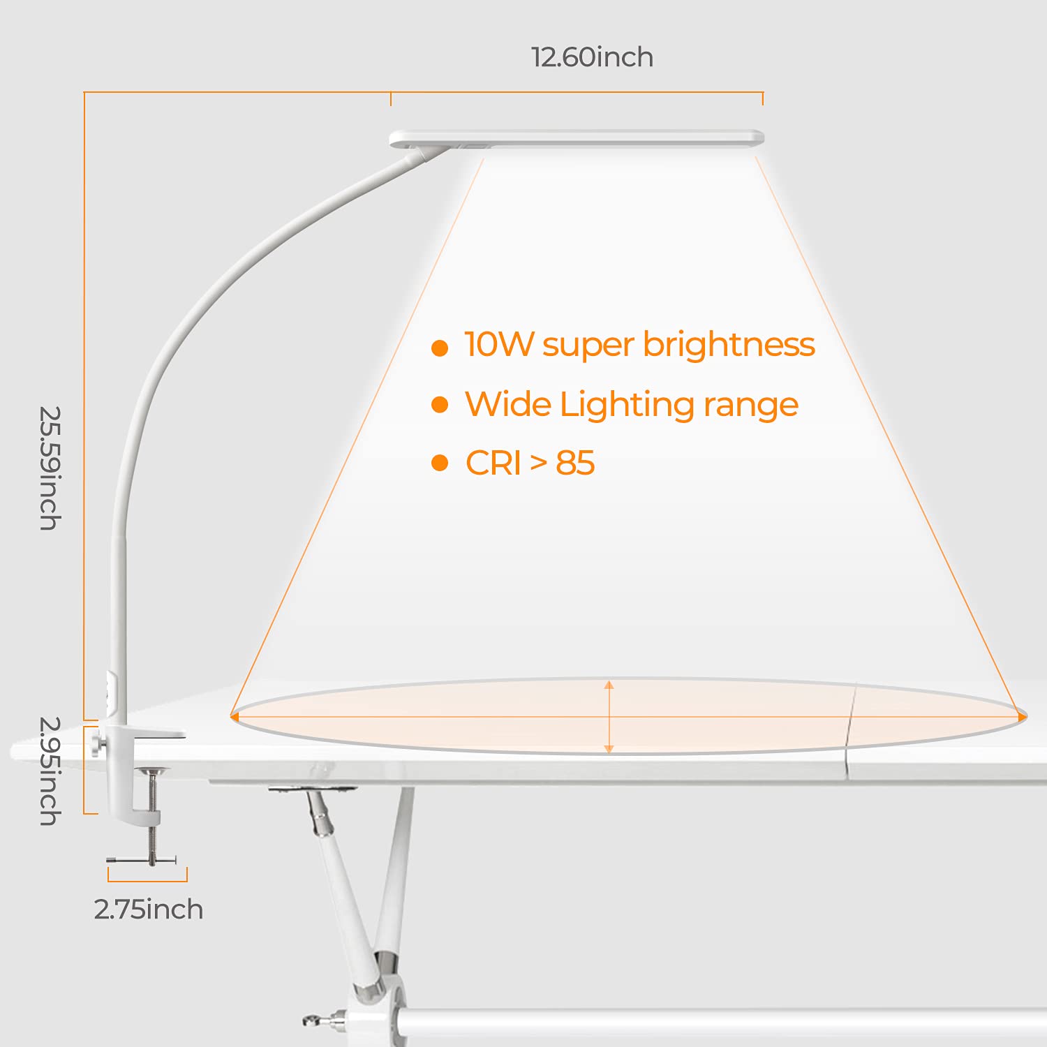 BOLOWEI LED Desk Lamp with Clamp Small White Desk Lamp for College Dorm Room, 6-Level Dimmable 5 Color Modes Swing Arm Daylight Table Lamp Touch Control Home Office Study/Reading/Drawing 10W