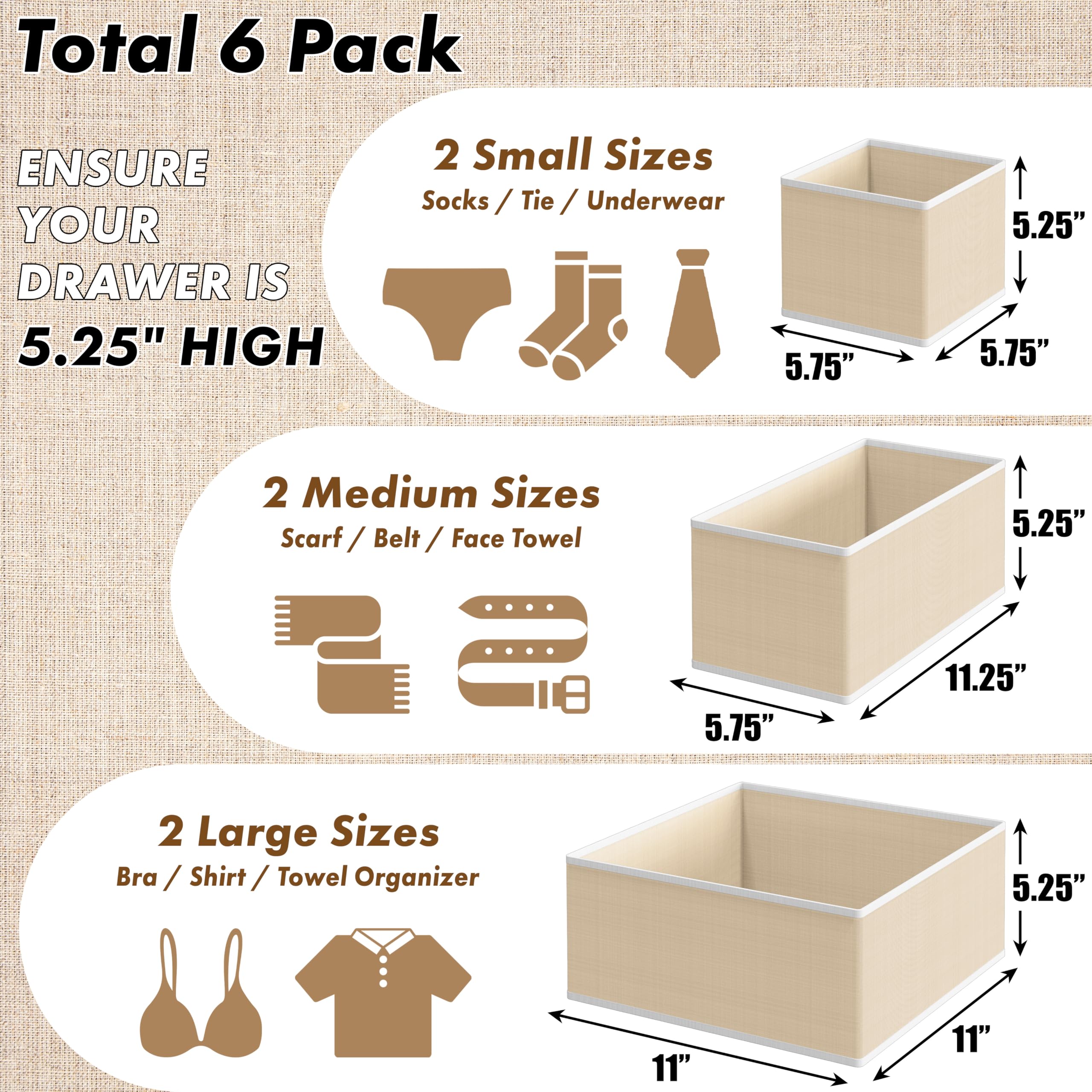 Simple Houseware Foldable Cloth Storage Box Closet Dresser Drawer Divider Organizer Basket Bins for Underwear Bras, Beige (Set of 6)