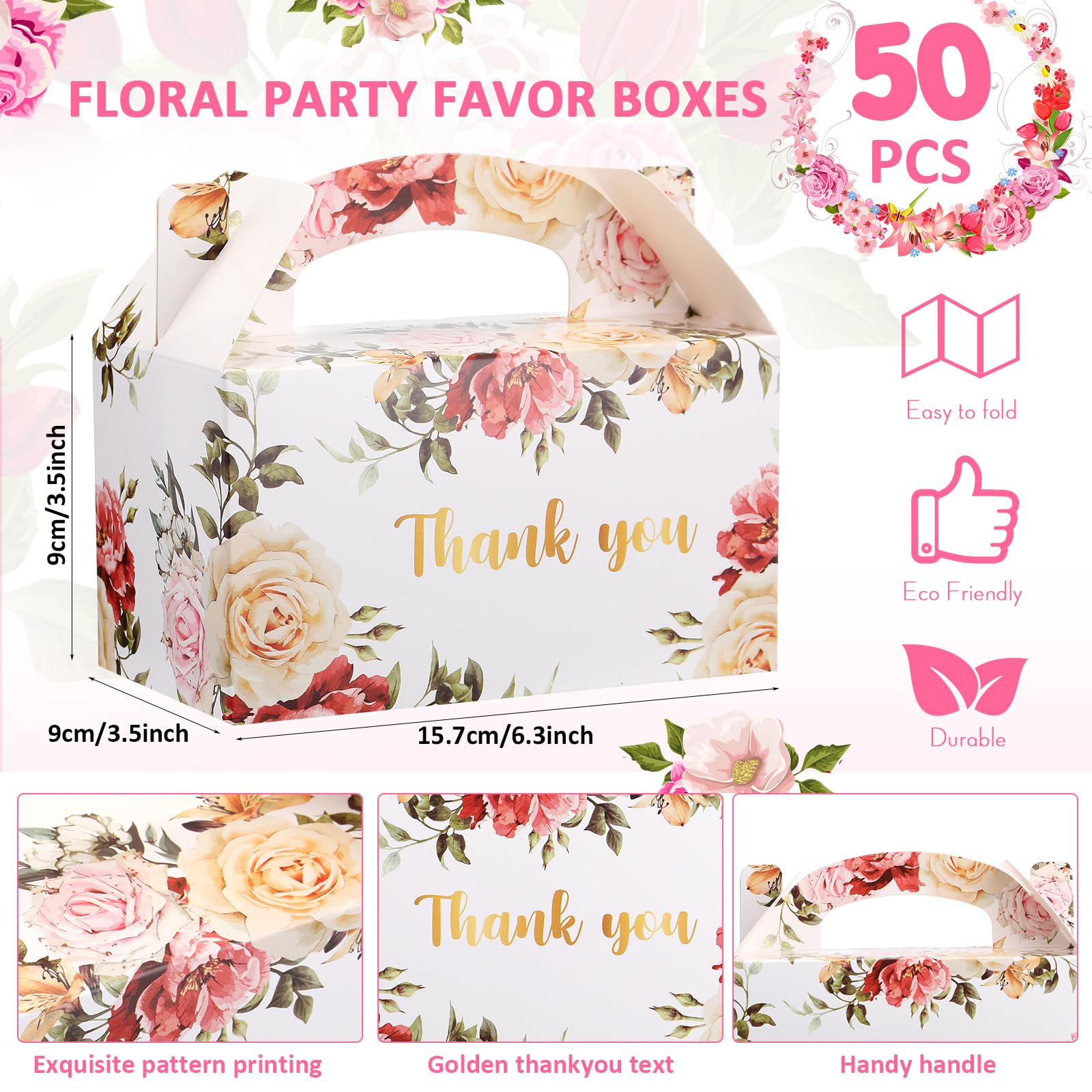 Xinnun 50 Pcs Thank You Treat Boxes Floral Design Gift Boxes Gable Boxes Party Favor Boxes for Tea Party, Mother's Day, Wedding