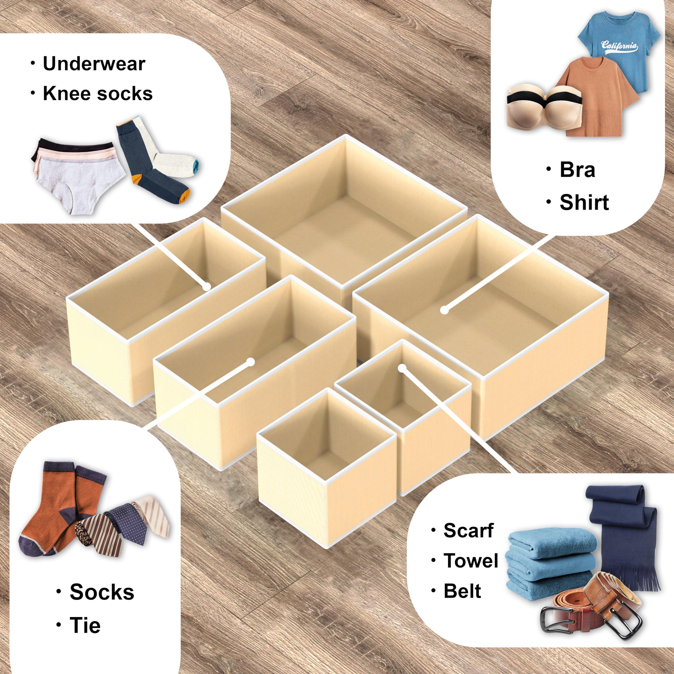 Simple Houseware Foldable Cloth Storage Box Closet Dresser Drawer Divider Organizer Basket Bins for Underwear Bras, Beige (Set of 6)