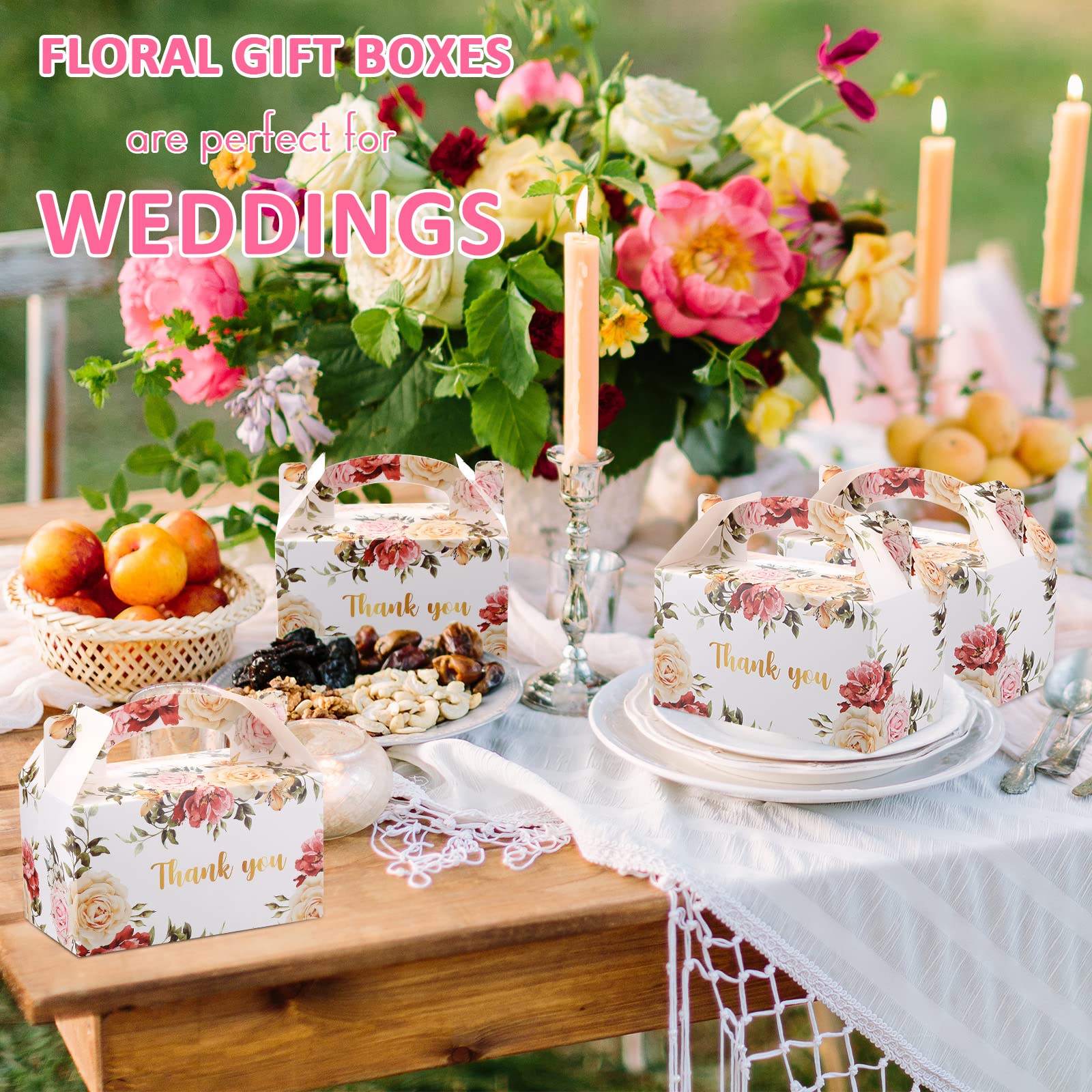 Xinnun 50 Pcs Thank You Treat Boxes Floral Design Gift Boxes Gable Boxes Party Favor Boxes for Tea Party, Mother's Day, Wedding