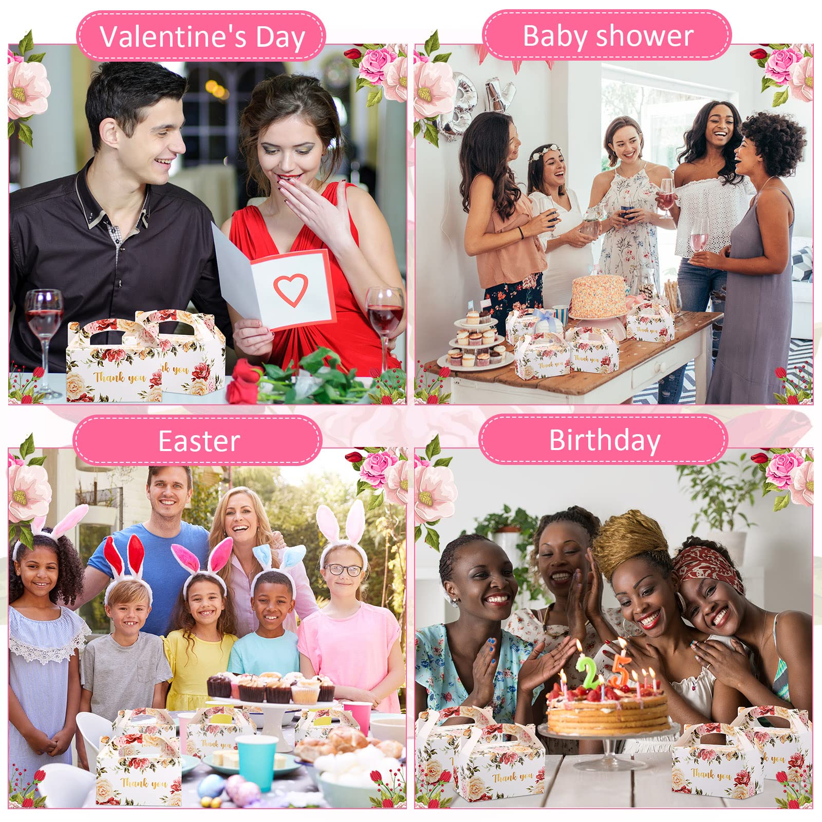 Xinnun 50 Pcs Thank You Treat Boxes Floral Design Gift Boxes Gable Boxes Party Favor Boxes for Tea Party, Mother's Day, Wedding