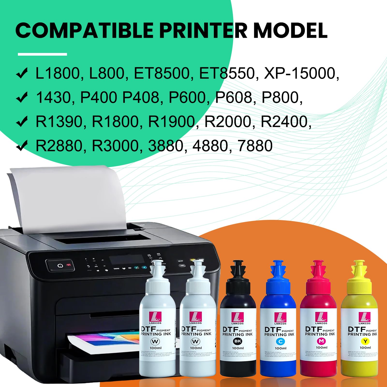 LNKCOS 6×100ML DTF Ink Refill for Inkjet Printer Heat Transfer Printing Direct to Film (2 White+CMYK,6 PCS)