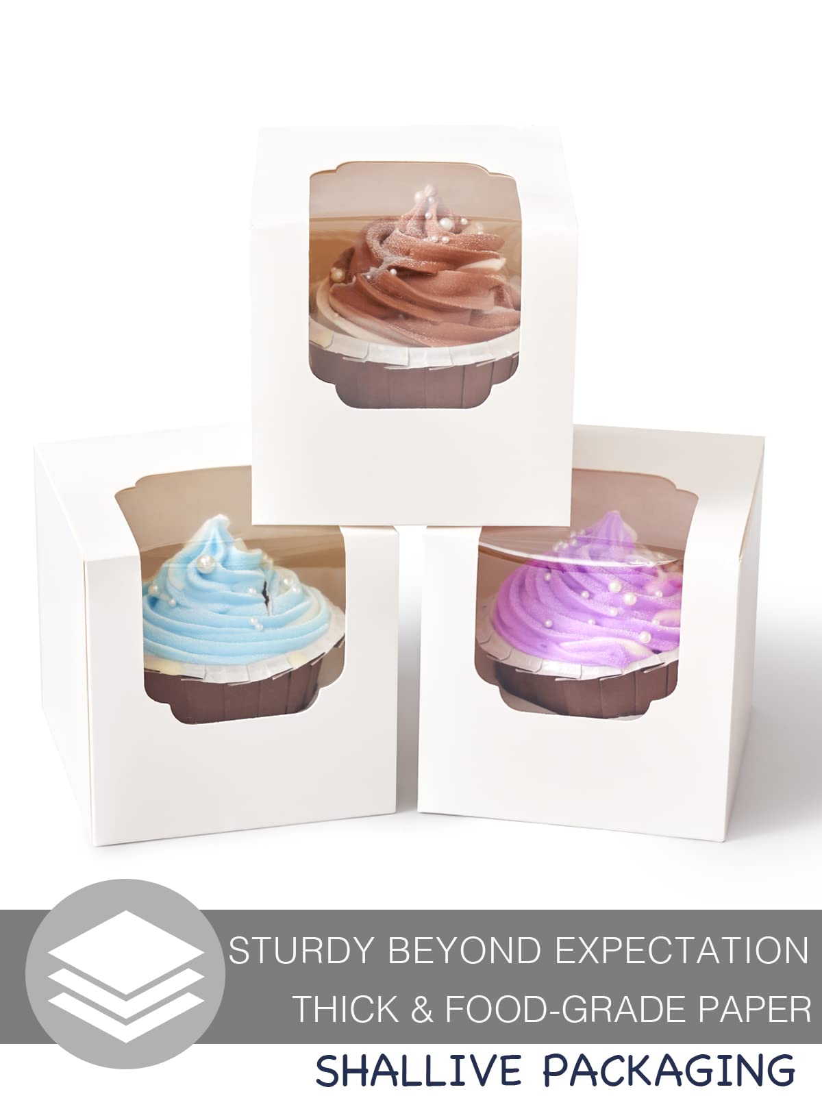 SHALLIVE 60 Pcs Cupcake Boxes Individual White with Insert, Auto Popup Single Cupcake Containers Hot Cocoa Bomb Boxes with Window for Cupcakes Treats Chocolate Strawberries Cookies for Graduation and Baby Shower Birthday Gifts