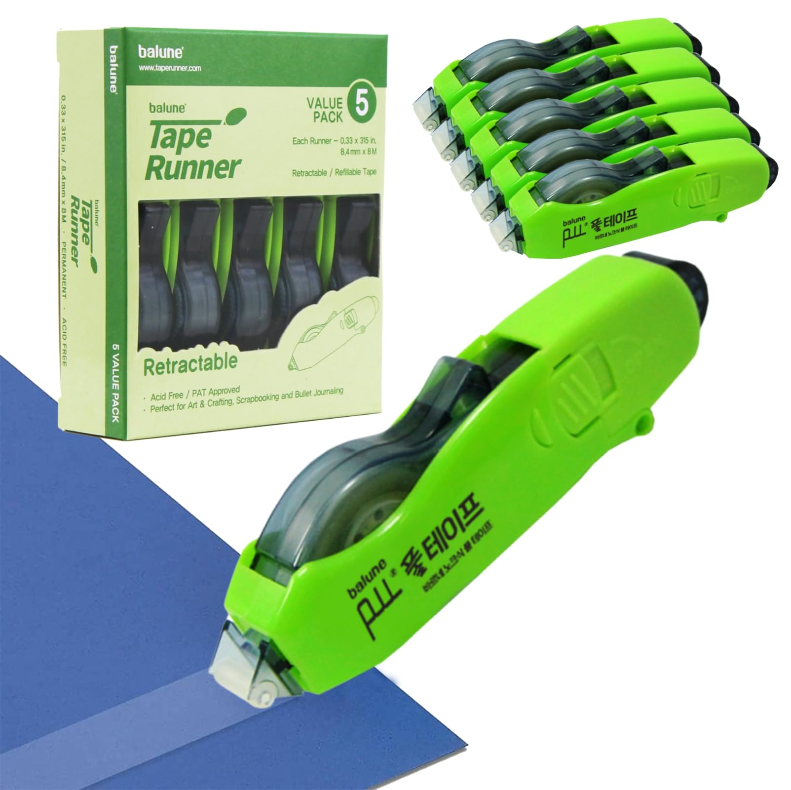 TAPE RUNNER Premium Double Sided Adhesive Tape Runners. Acid Free, PAT Approved. Perfect for Scrapbooking & Bullet Journal (Retractable (315 inches per Cartridge), 5 Cartridges)