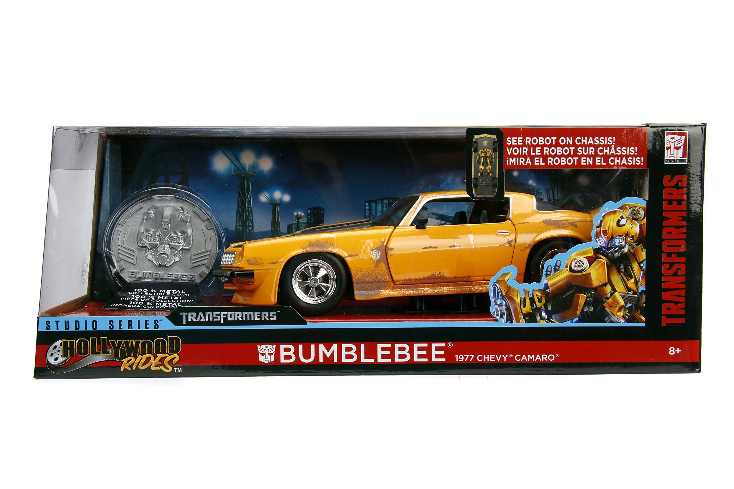 Transformers 1:24 1977 Chevy Camaro Bumblebee Die-cast Car with Coin, Toys for Kids and Adults