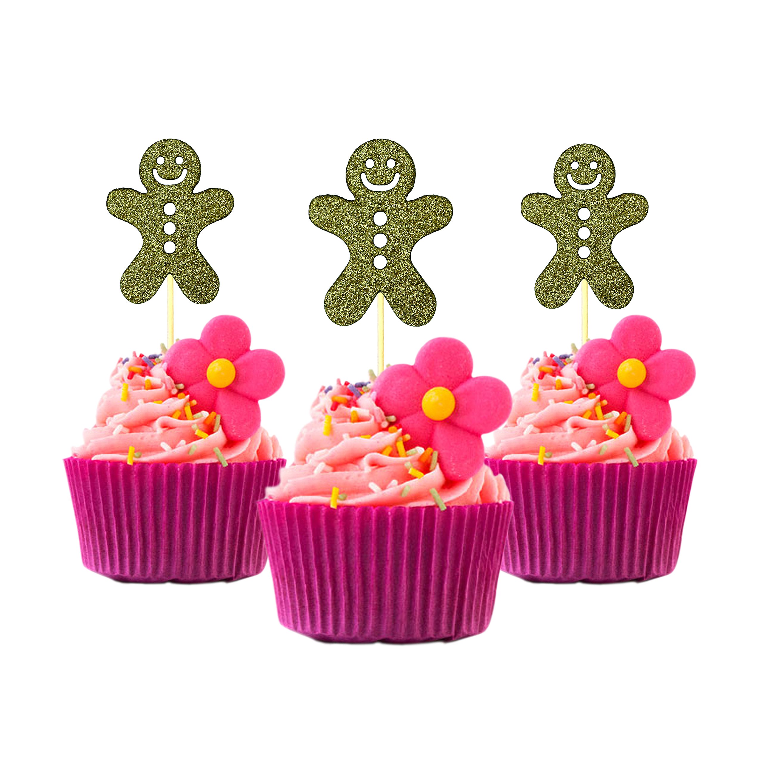 Ginger Bread man xmas tree Merry Xmas Cupcake Topper Card Stock Color Gold 12 pieces per Pack