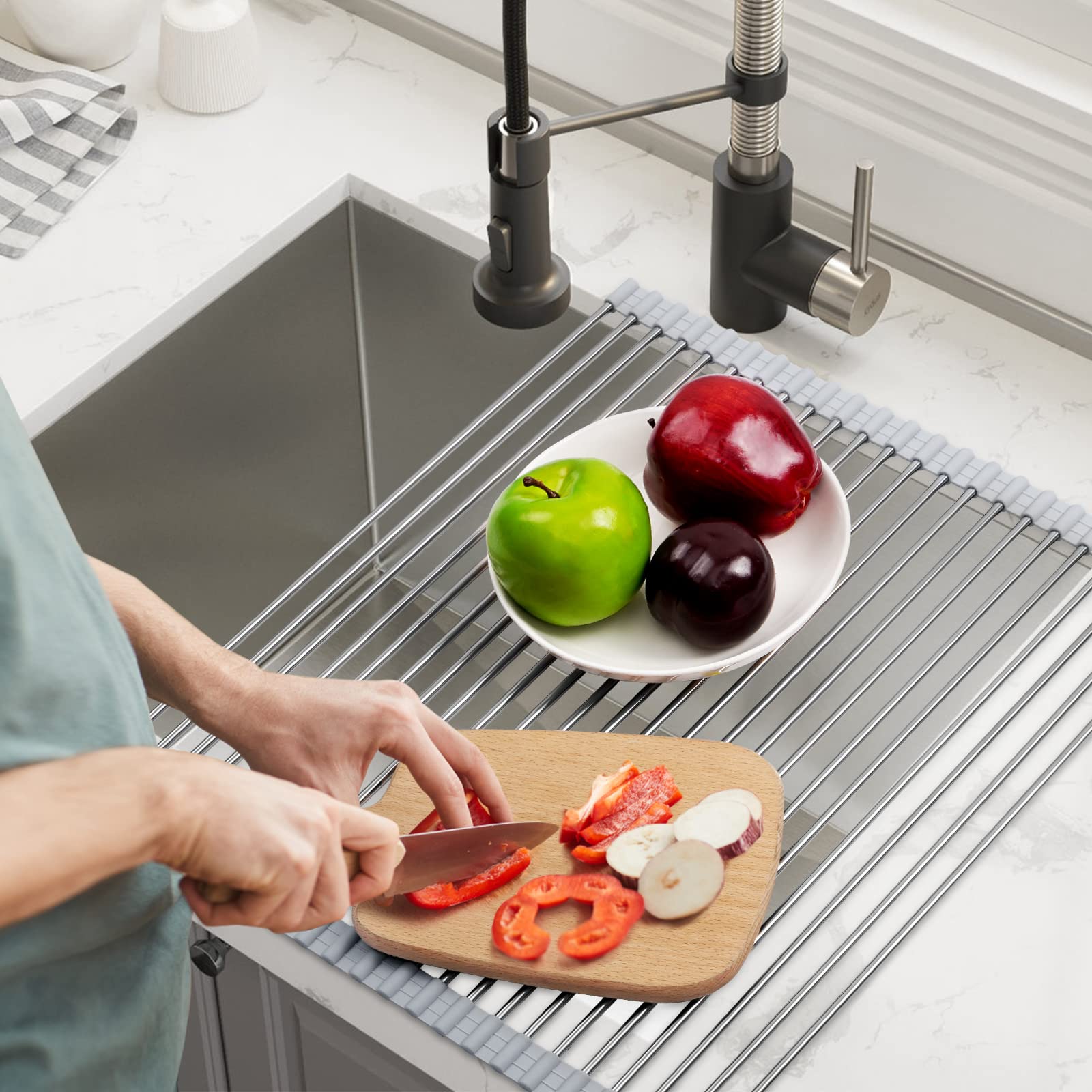 Elyum Dish Drying Rack Over The Sink Dish Drying Rack Stainless Steel Roll Up Dish Drying Rack Foldable Dish Rack for Kitchen Counter Dishes Cups Bottles Fruits Forks (17.7” x 10.2”, Gray)