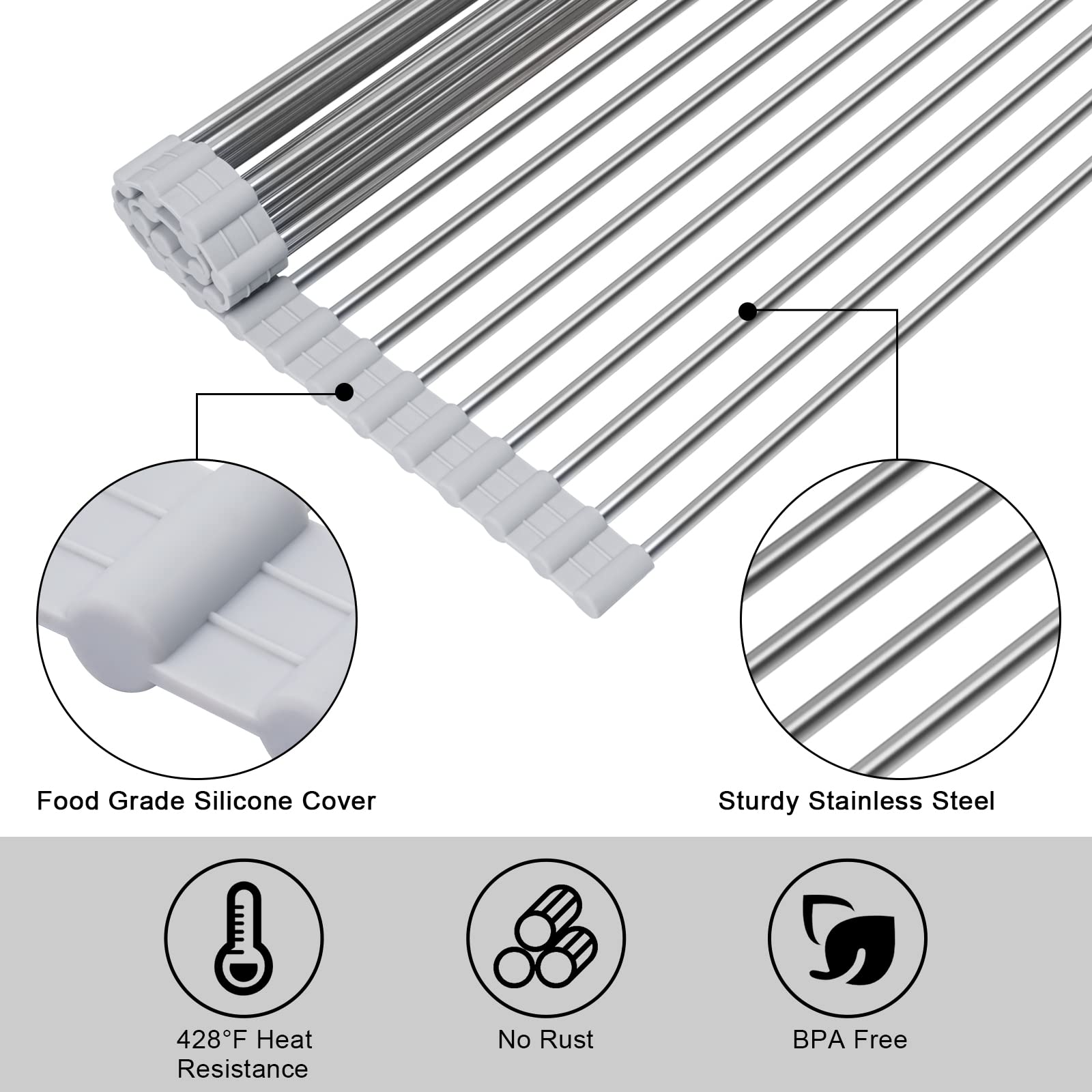 Elyum Dish Drying Rack Over The Sink Dish Drying Rack Stainless Steel Roll Up Dish Drying Rack Foldable Dish Rack for Kitchen Counter Dishes Cups Bottles Fruits Forks (17.7” x 10.2”, Gray)