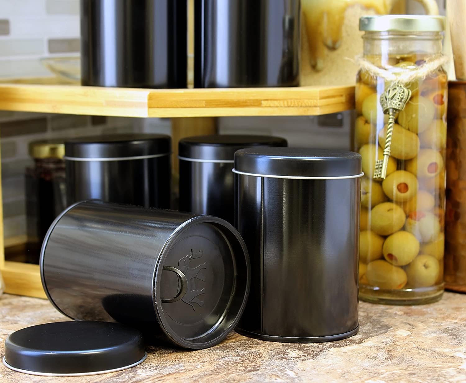 Double Seal Tea Canisters (6-Pack); Black Metal Round Tea Tins w/ Interior Molded Plastic Seal
