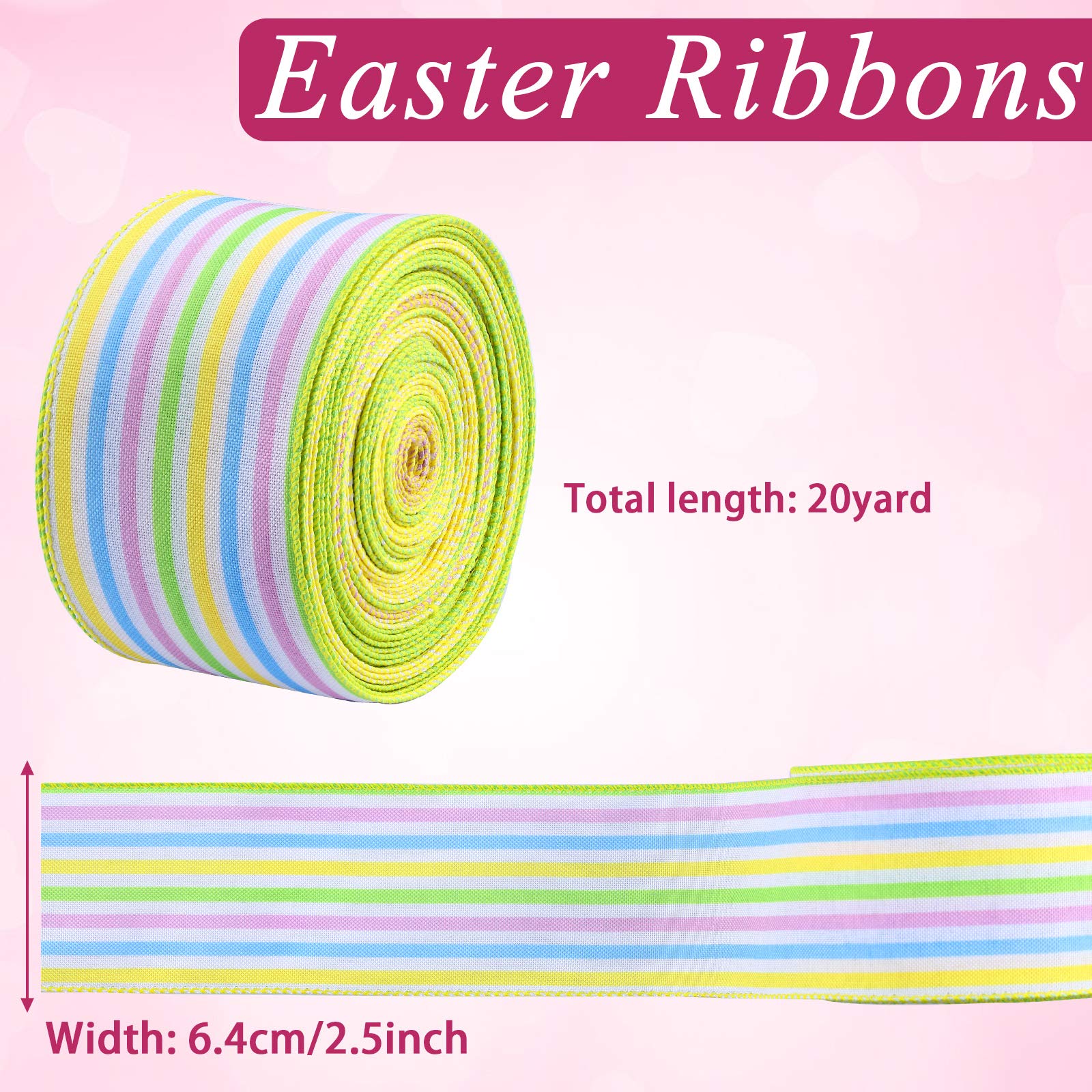 20 Yards Easter Spring Stripe Wired Edge Ribbons 2.5 Inch Stripe Burlap Ribbons Wired Easter Ribbon Easter Ornament Hanging Decorations for Easter Wrapping DIY Crafts Decoration
