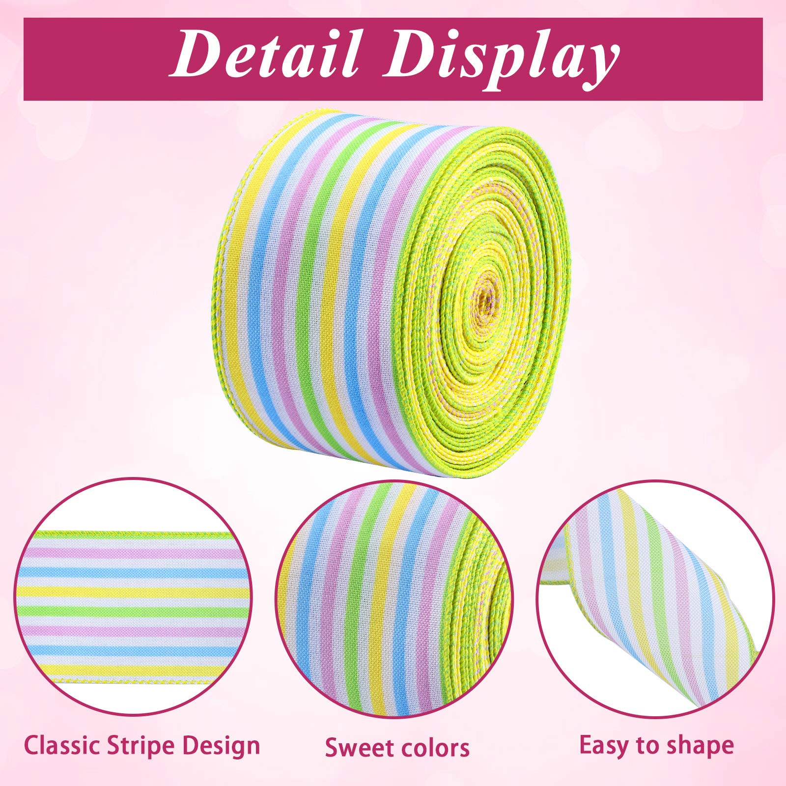 20 Yards Easter Spring Stripe Wired Edge Ribbons 2.5 Inch Stripe Burlap Ribbons Wired Easter Ribbon Easter Ornament Hanging Decorations for Easter Wrapping DIY Crafts Decoration