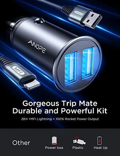 AINOPE iPhone Car Charger [Apple MFi Certified] 24W USB Car Charger Adapter Fast Charging Cigarette Lighter USB Charger with Lightning Cable for Apple iPhone 13/12 Mini/11/Xs/XR/X/8 Plus/7/6s/5/iPad