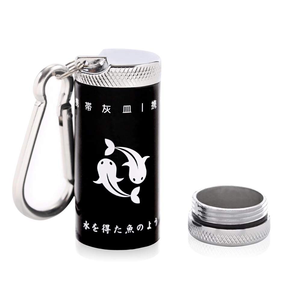 Dxj Portable Ashtray for Cigarette with Lid, Metal Lightweight Windproof Car Ash Tray Outdoor with Carabiner,Black/Blue (Black)