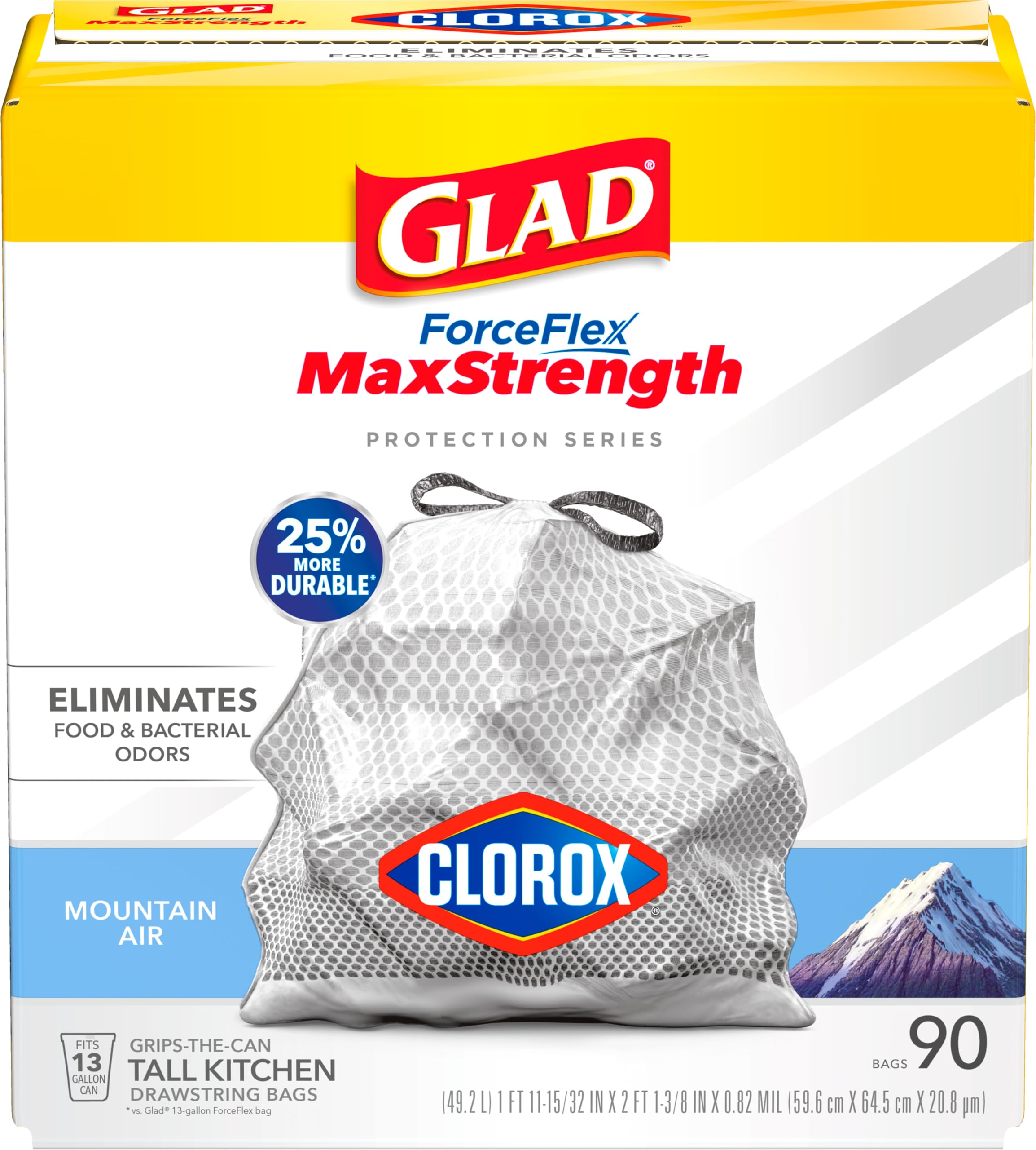 GLAD ForceFlexPlus Tall Kitchen Drawstring Trash Bags with Clorox, 13 Gallon White Trash Bag for Kitchen, Mountain Air Scent, 90 Count