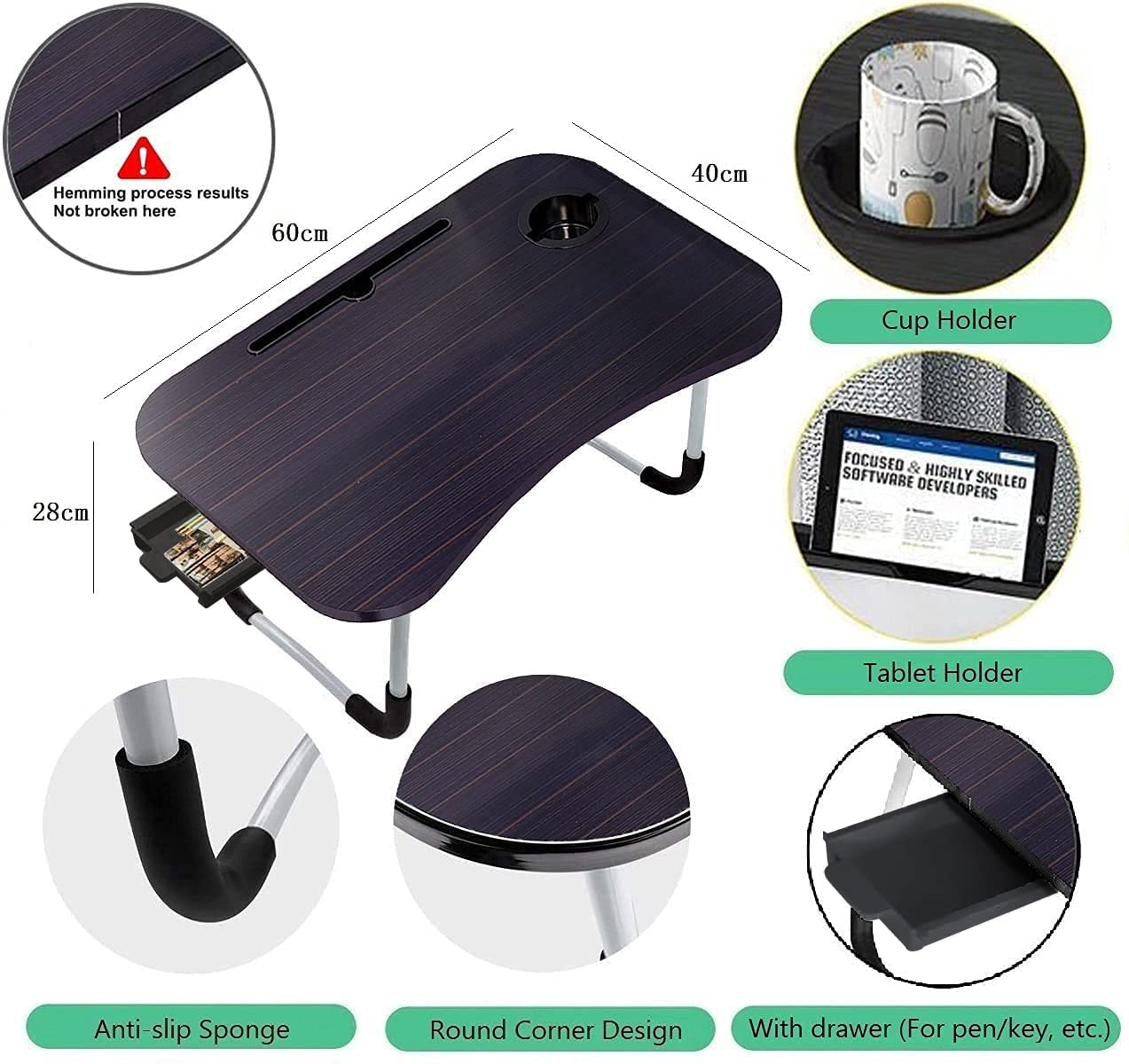 Foldable Bed Table for Laptop,Laptop Desk Table Stand,Laptop Bed Tray Table with Storage Drawer-Cup Holder, Notebook Stand Lap Desk for Writing Reading Eating, Portable Laptop Table for Bed Sofa Floor