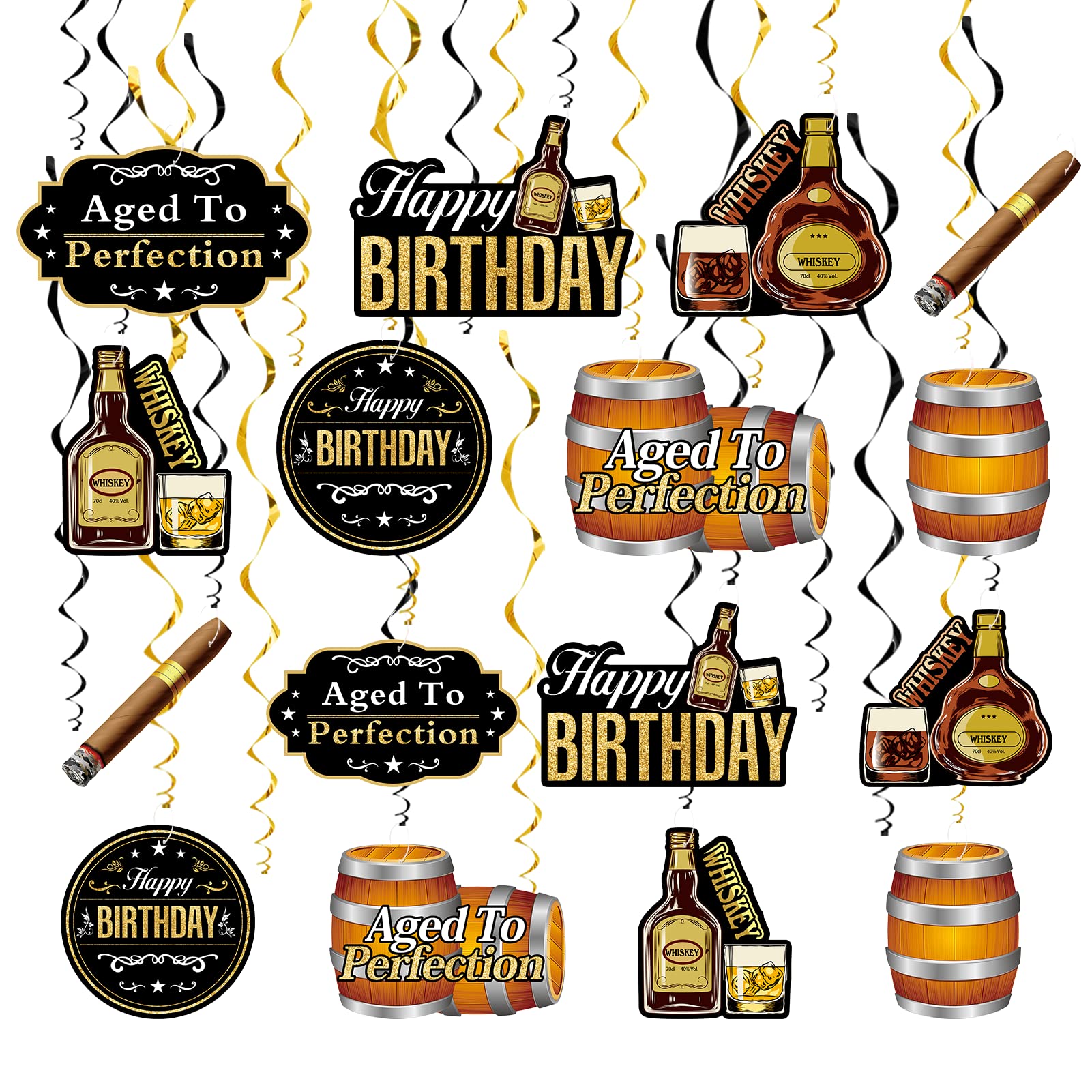 30Pcs Whiskey Birthday Party Decorations for Men,Vintage Aged to Perfection Birthday Party Supplies, Black Gold Whiskey Themed Cheers Themed Happy Birthday Hanging Swirls Decor